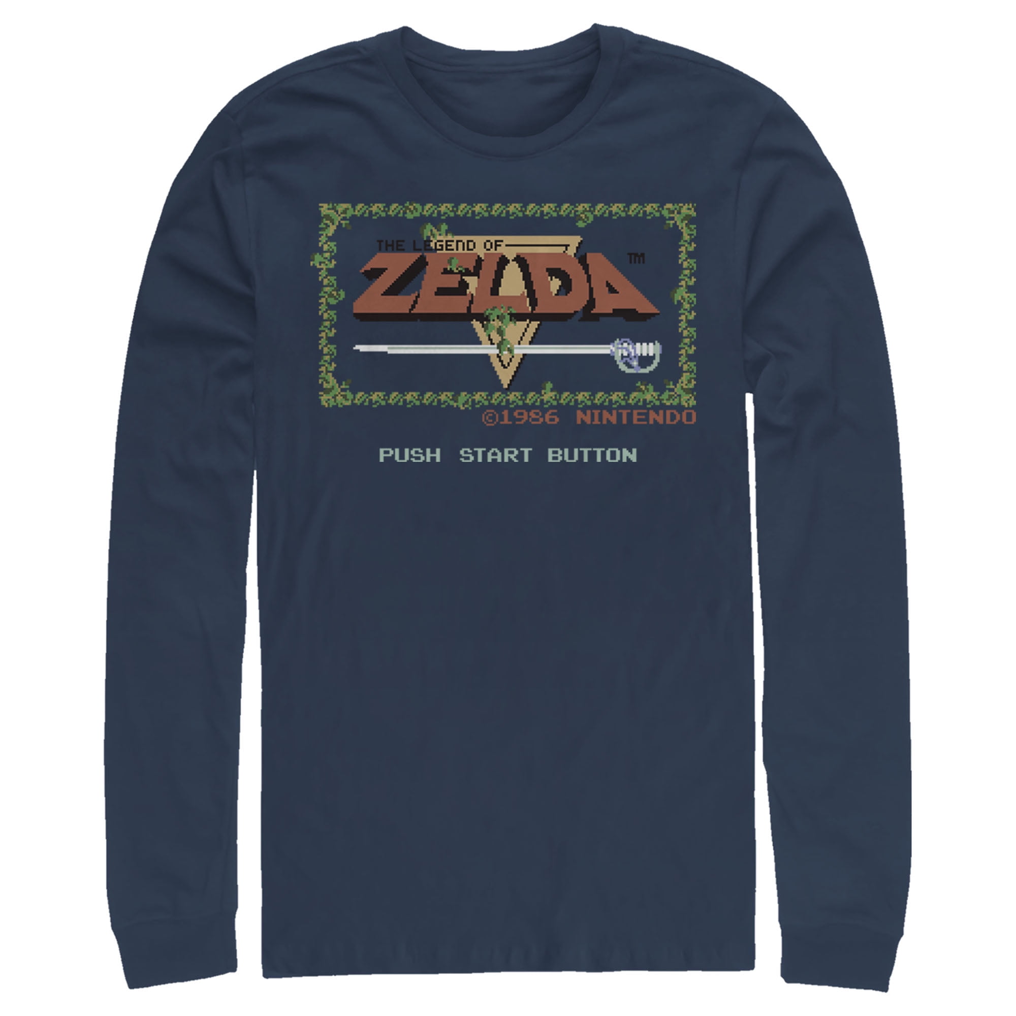 Men's Nintendo Zelda 8-Bit Title Screen Long Sleeve Shirt Navy Blue ...