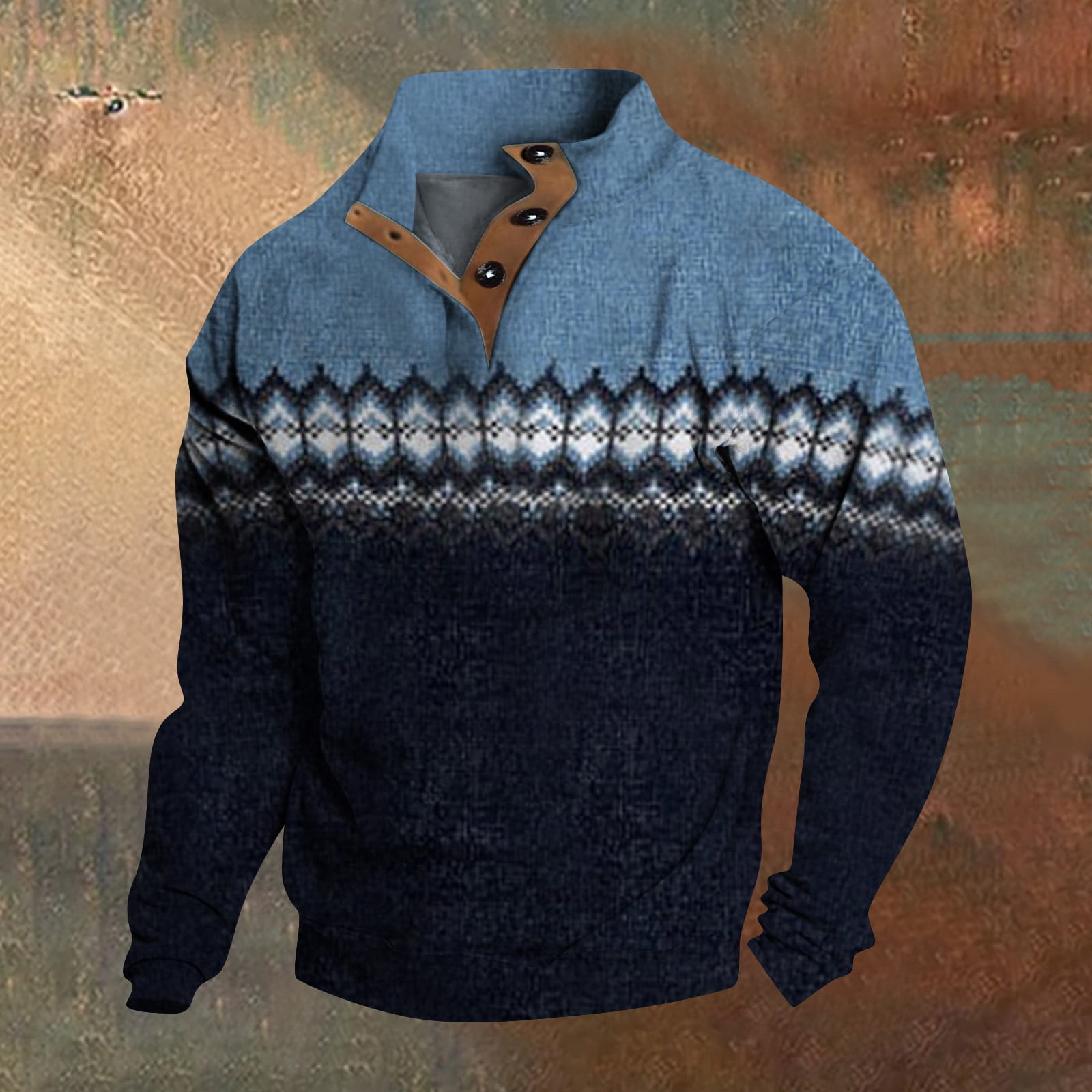 Men's Nordic Pattern Knitted Pullover Sweater with Button Collar, Warm ...