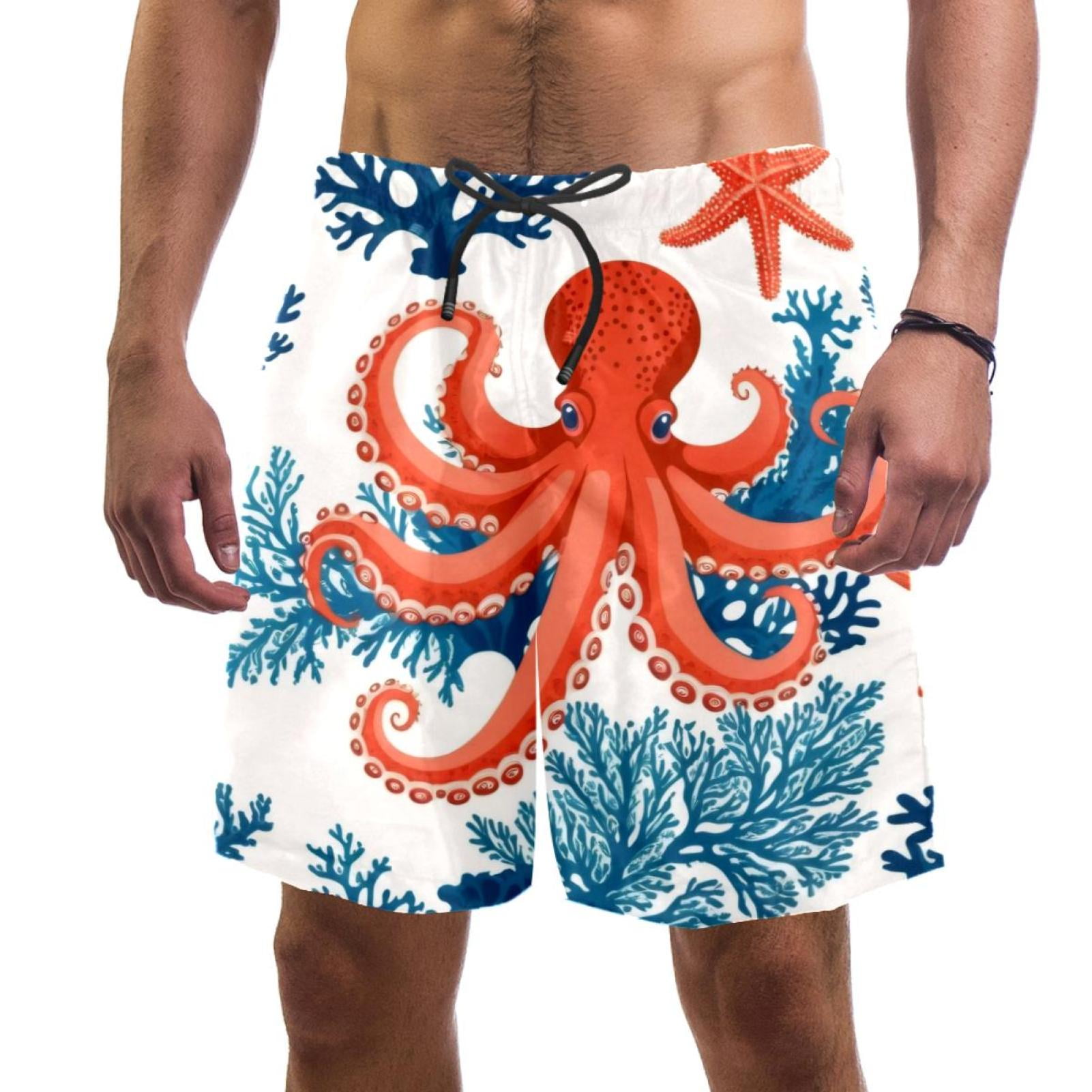 Mens Octopus Corals Swim Trunks Quick Dry Board Shorts Bathing Suits With Mesh Lining Xxl