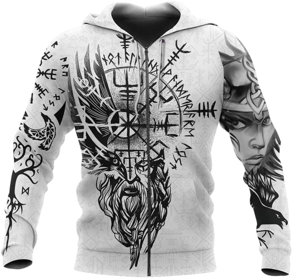 Men's Odin Crow Vegvisir Rune Tattoo Full Zip Hoodie, Norse Mythology 3d Print Long Sleeve ...