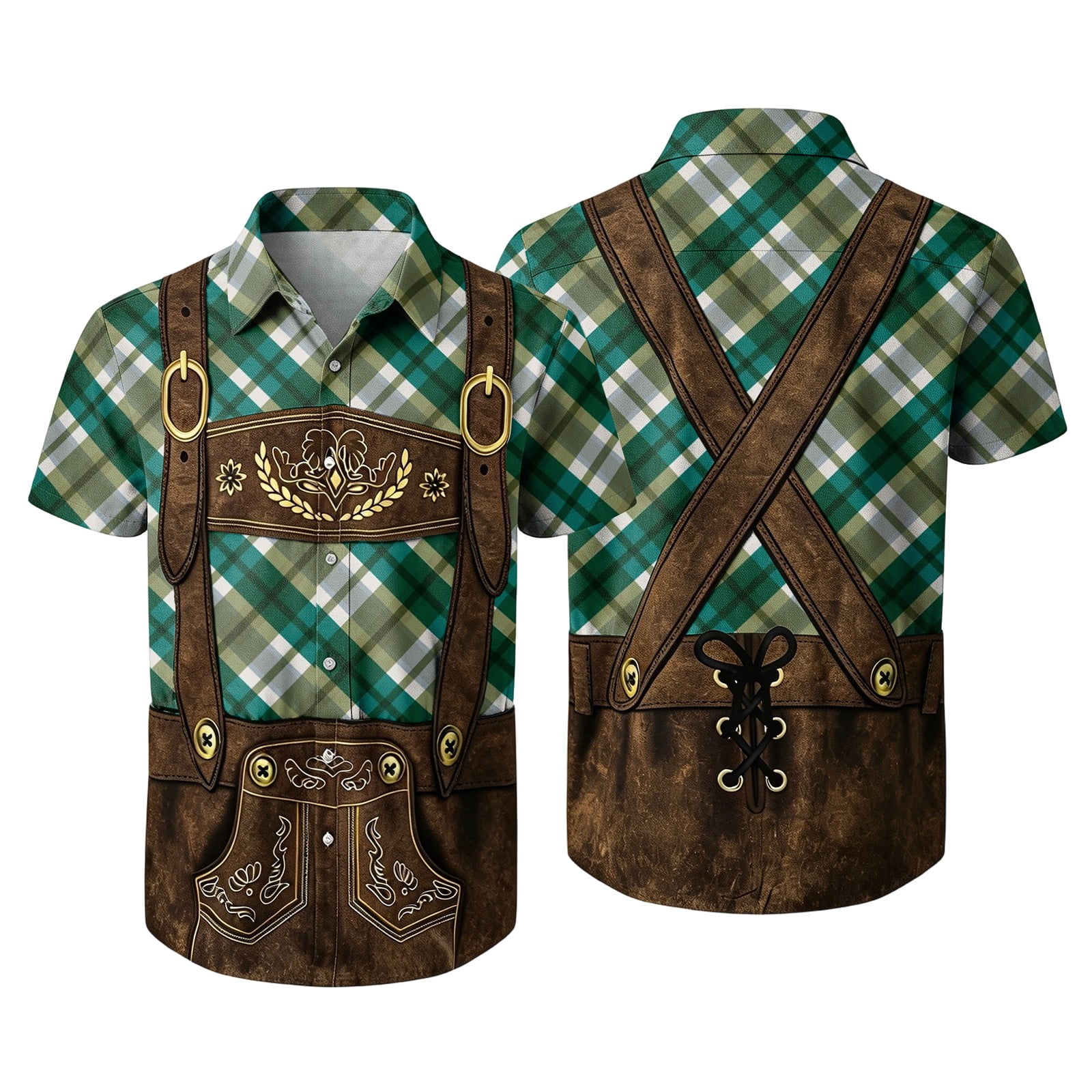 Men's Oktoberfest Lederhosen Print Button Down Shirt, Plaid Short ...