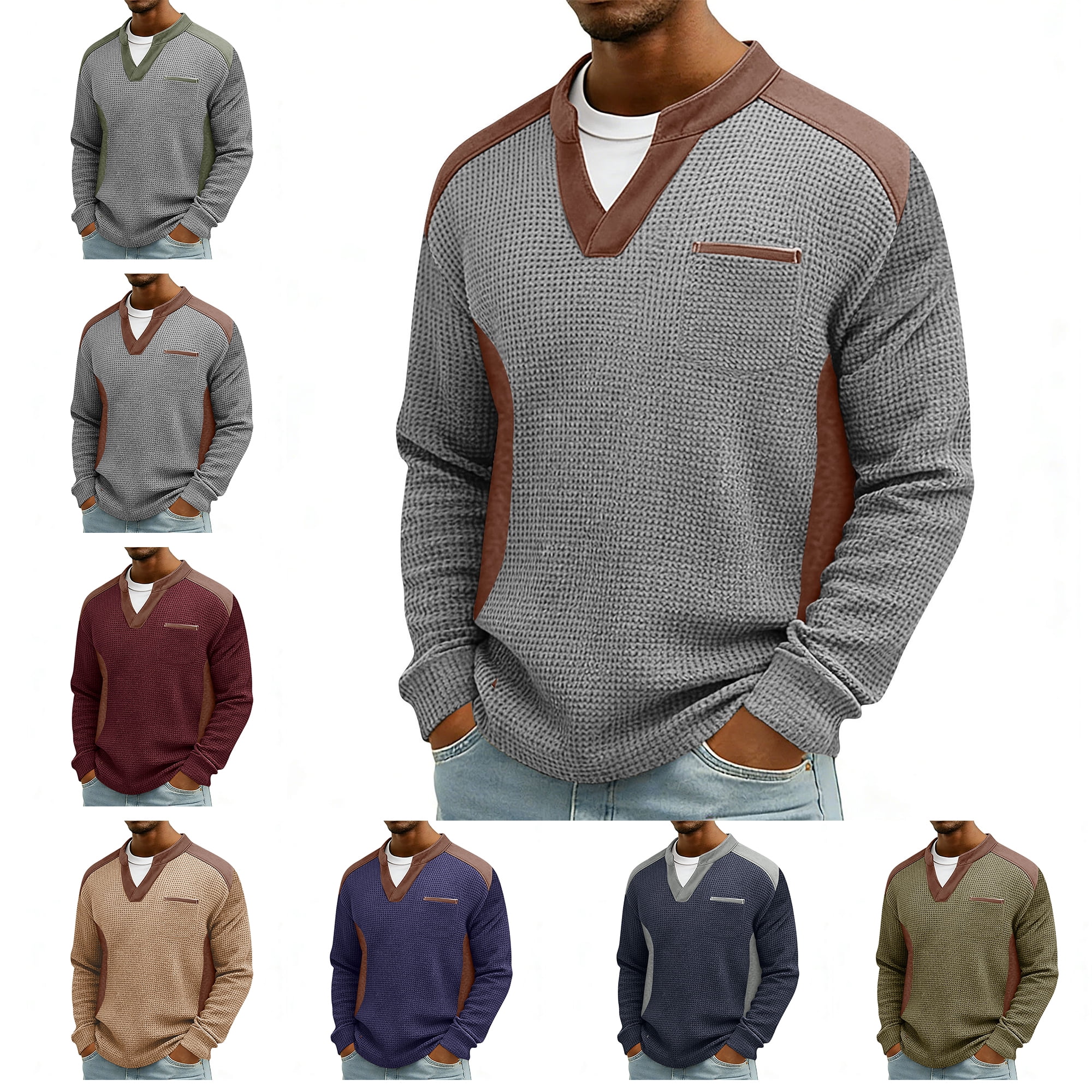 Men's Old Money Style Pullover Waffle Knit Color Block V‑Neck Long ...