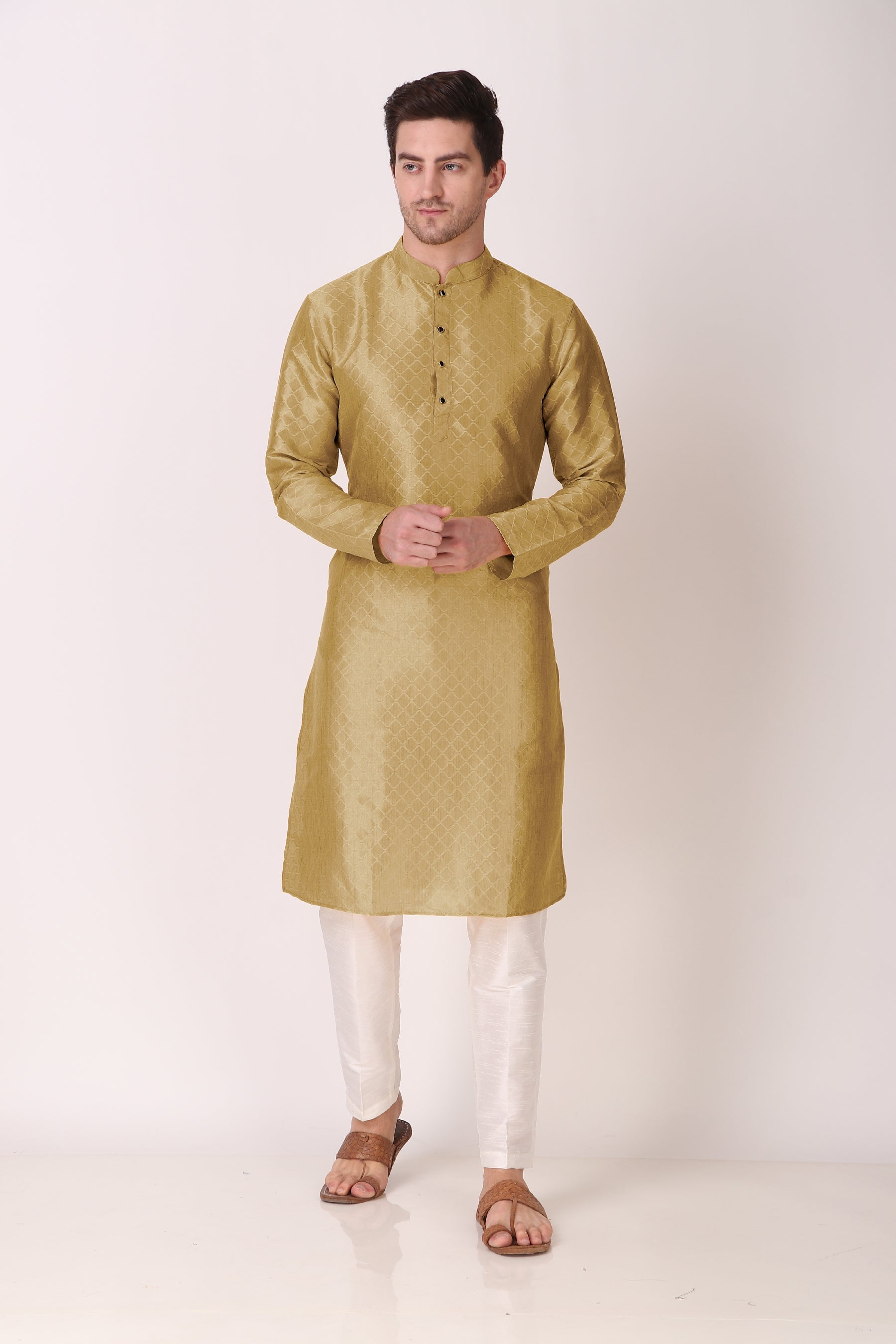 Men's Olive Green Color Indian Traditional Wear Tunic Cotton Kurta ...