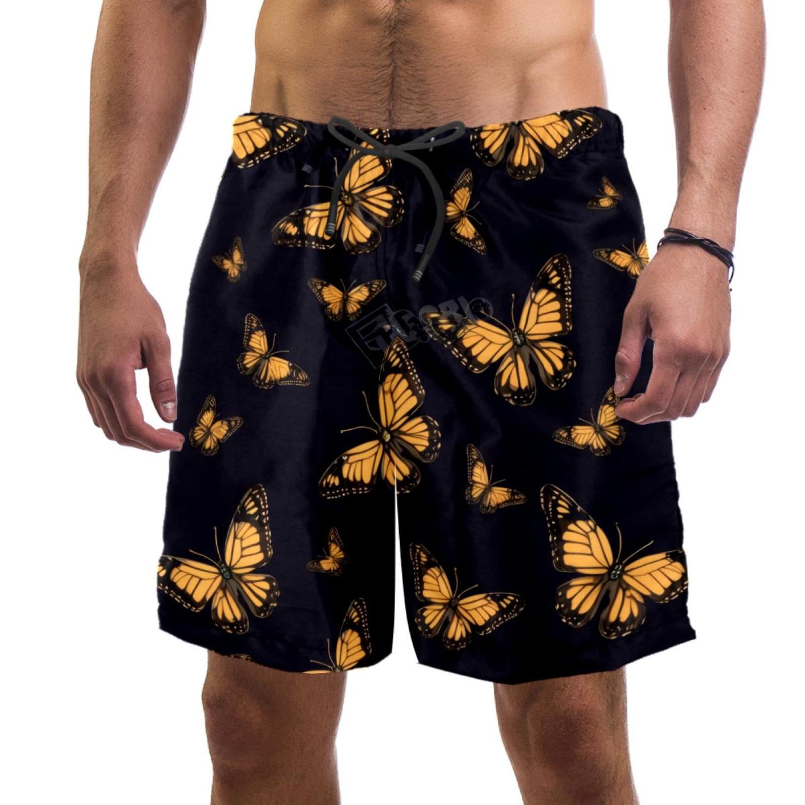 Mens Orange Butterfly Pattern Swim Trunks Quick Dry Board Shorts