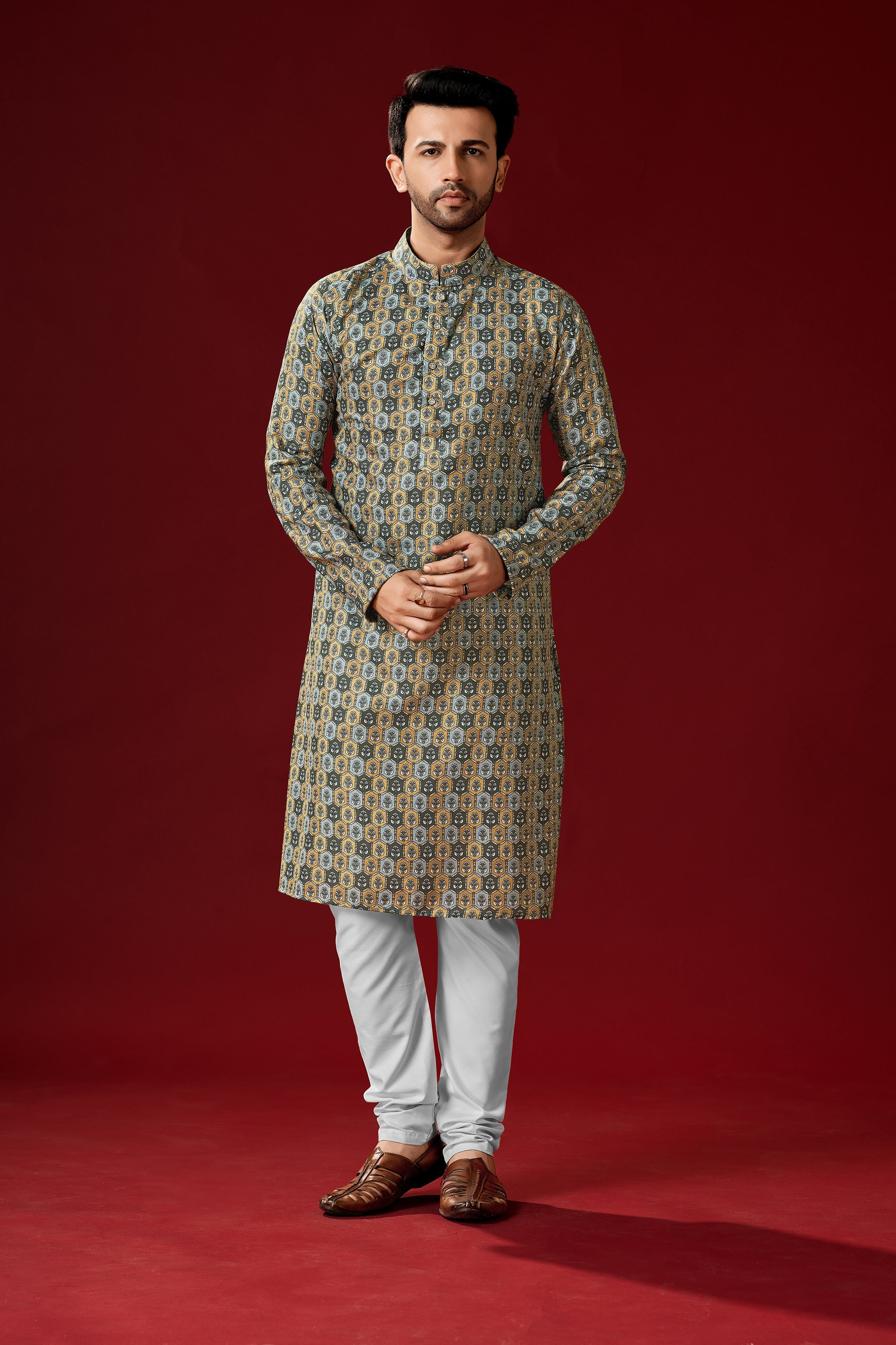 Men's Orange Grey Color Indian Traditional Wear Tunic Cotton Kurta ...