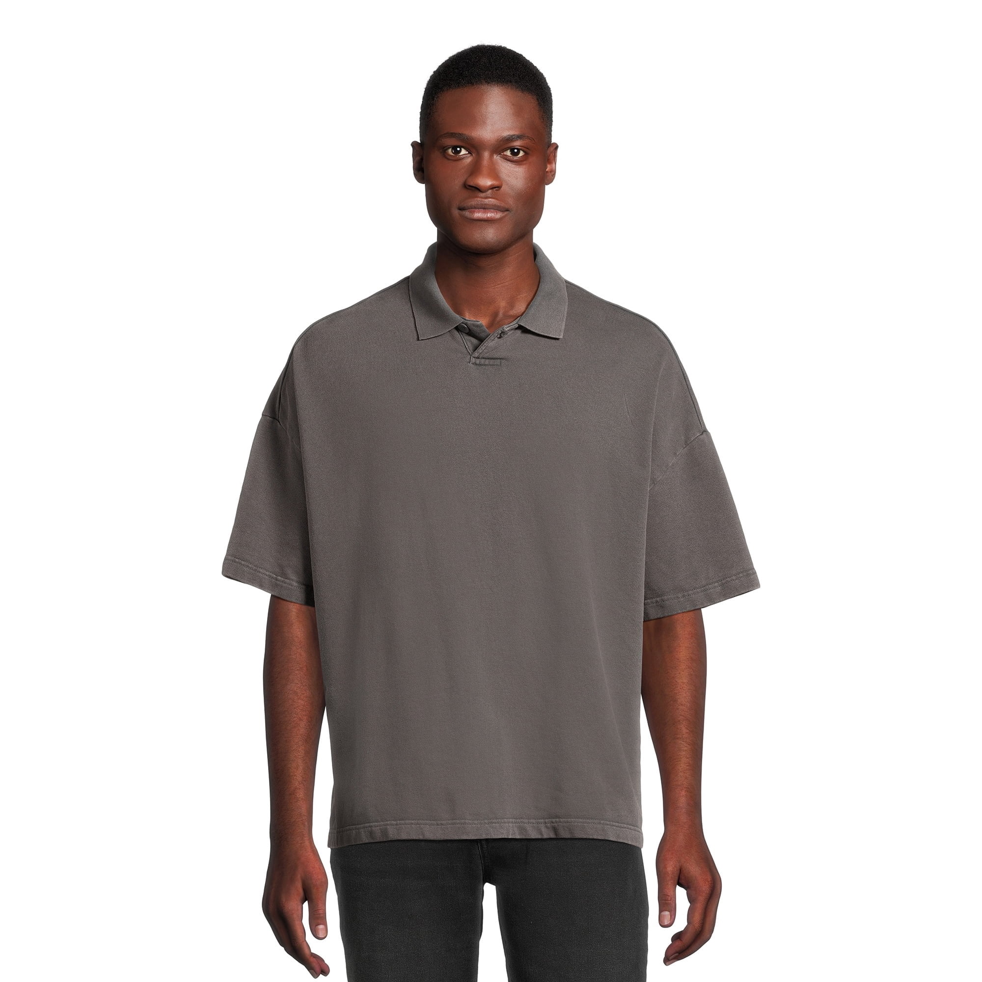 Men's Oversize French Terry Polo Shirt (Small, Charcoal Sky) - Walmart.com
