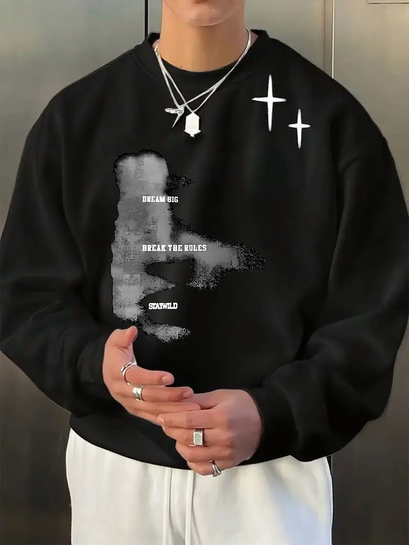 Men's Oversized Gothic Lettering & Christian Cross Print Sweater ...