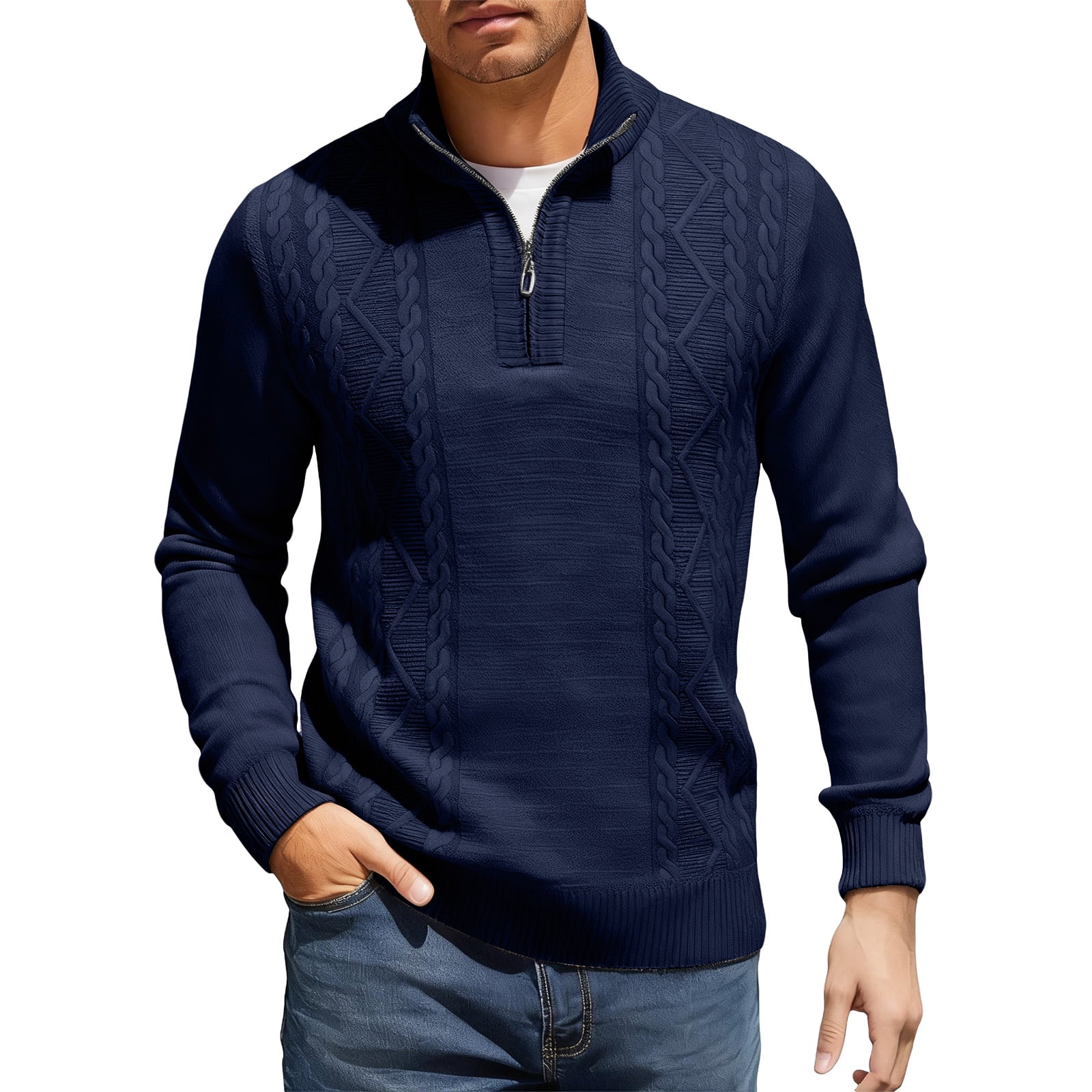 Men's Oversized Quarter-Zip Cable Knit Solid Sweater - Dark Blue L ...