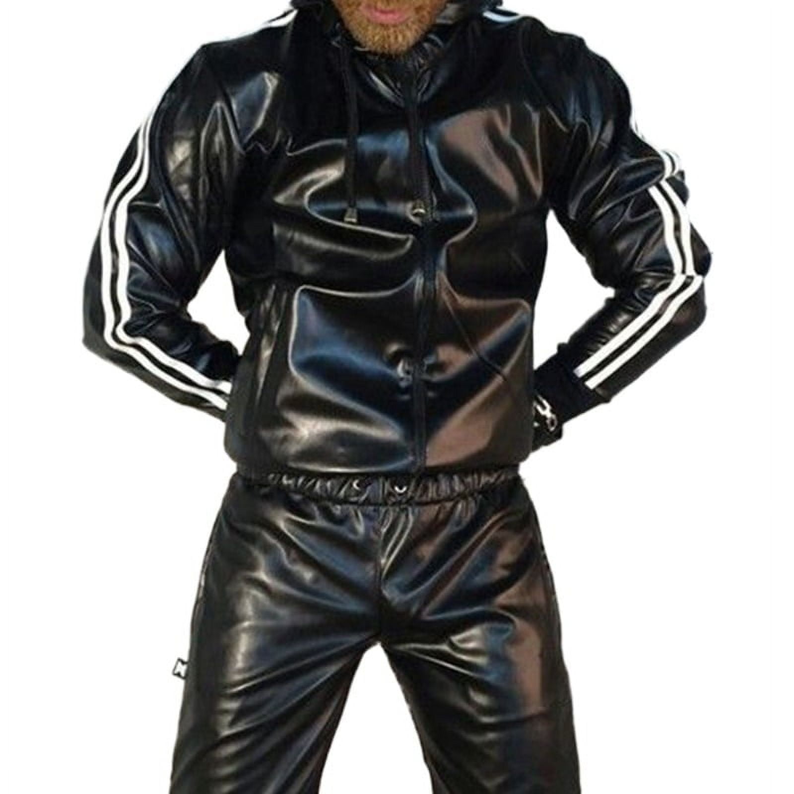 Men's PU Leather Hoodie Suit Casual Sportswear Hooded Jogging Suit Sportswear Men Outfit Set ...