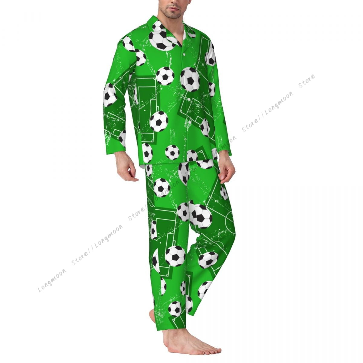 Men's Pajamas Suit Lapel Long Sleeve Sleepwear Football Soccer Ball ...