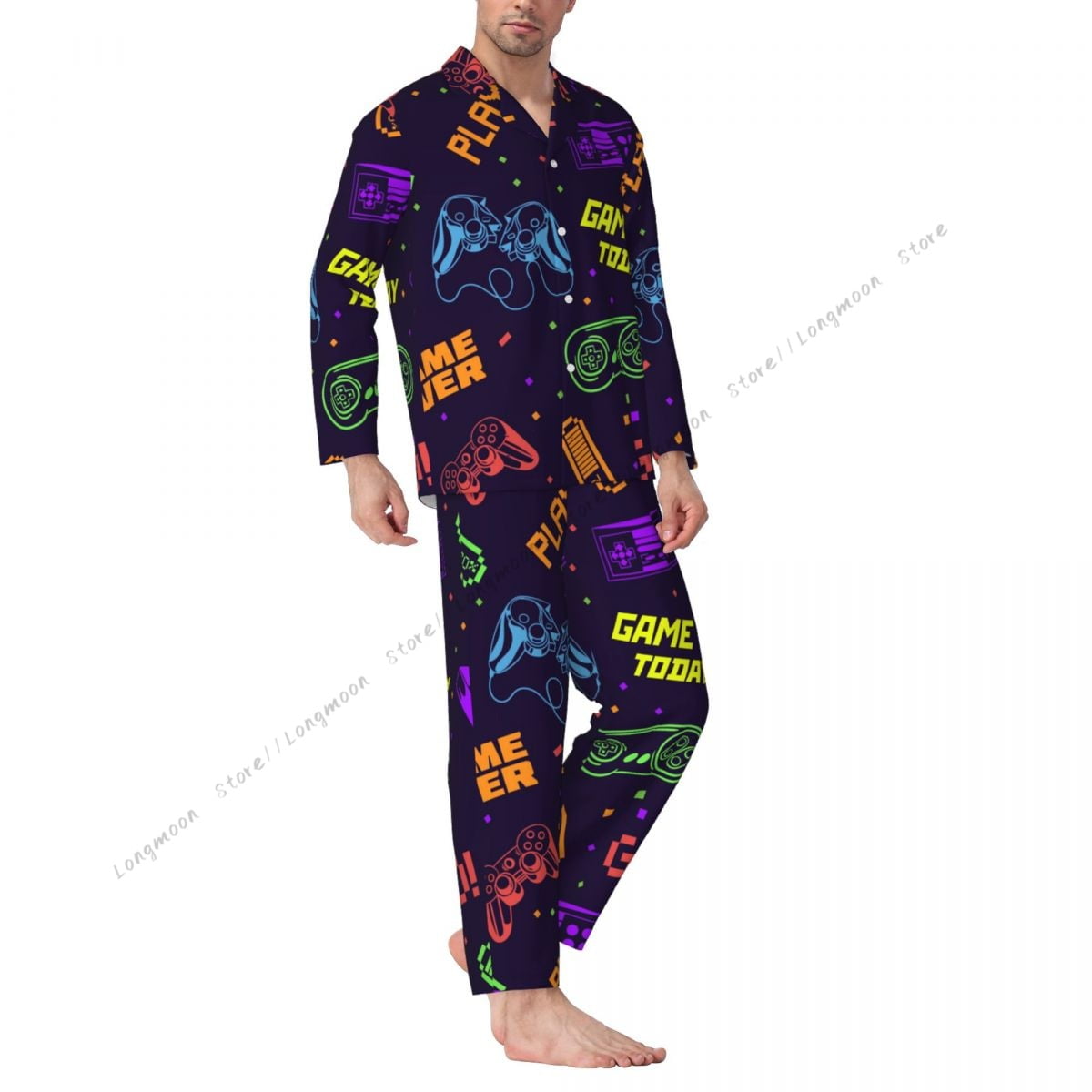 Men's Pajamas Suit Lapel Long Sleeve Sleepwear Video Game Gamer Pattern ...