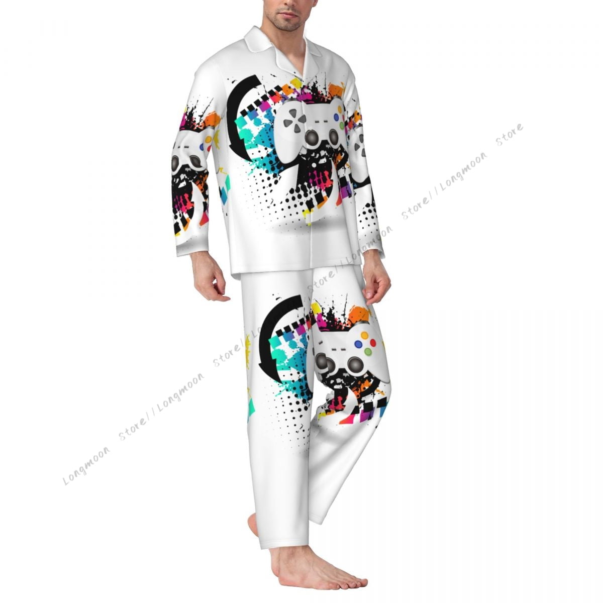 Men's Pajamas Suit Lapel Long Sleeve Sleepwear Video Game Gamer Pattern ...