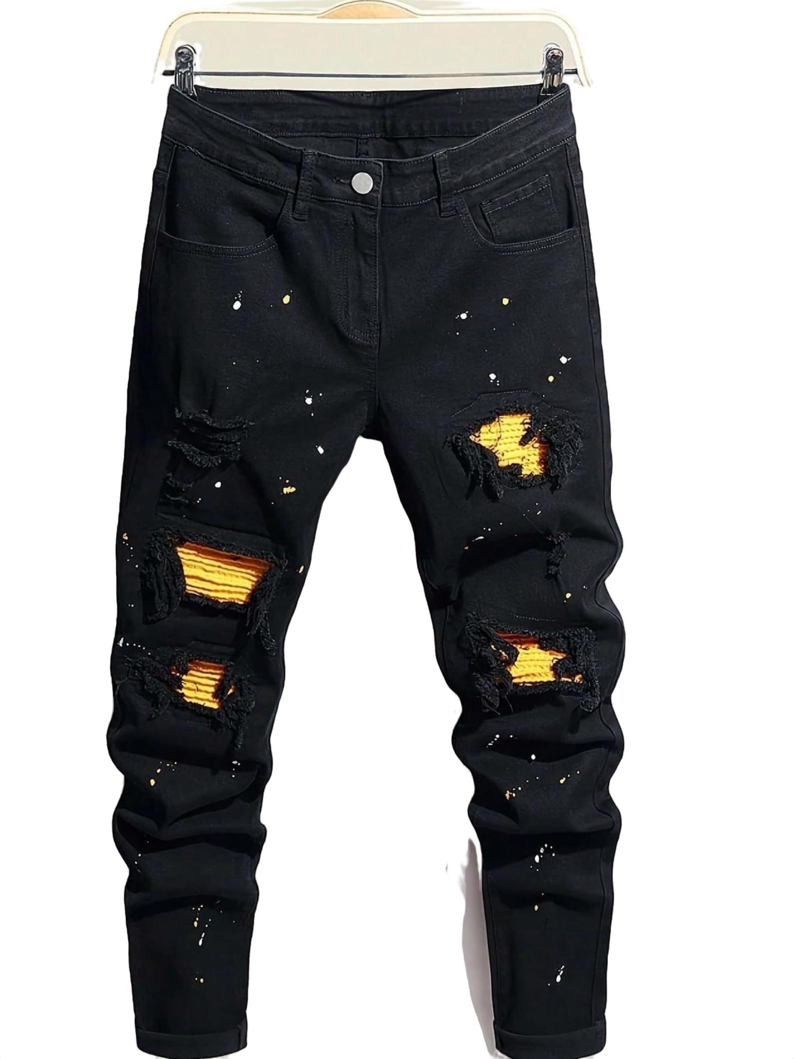 Men's Patchwork Jeans, Medium Length, Stretch Fabric, Yellow Straight ...