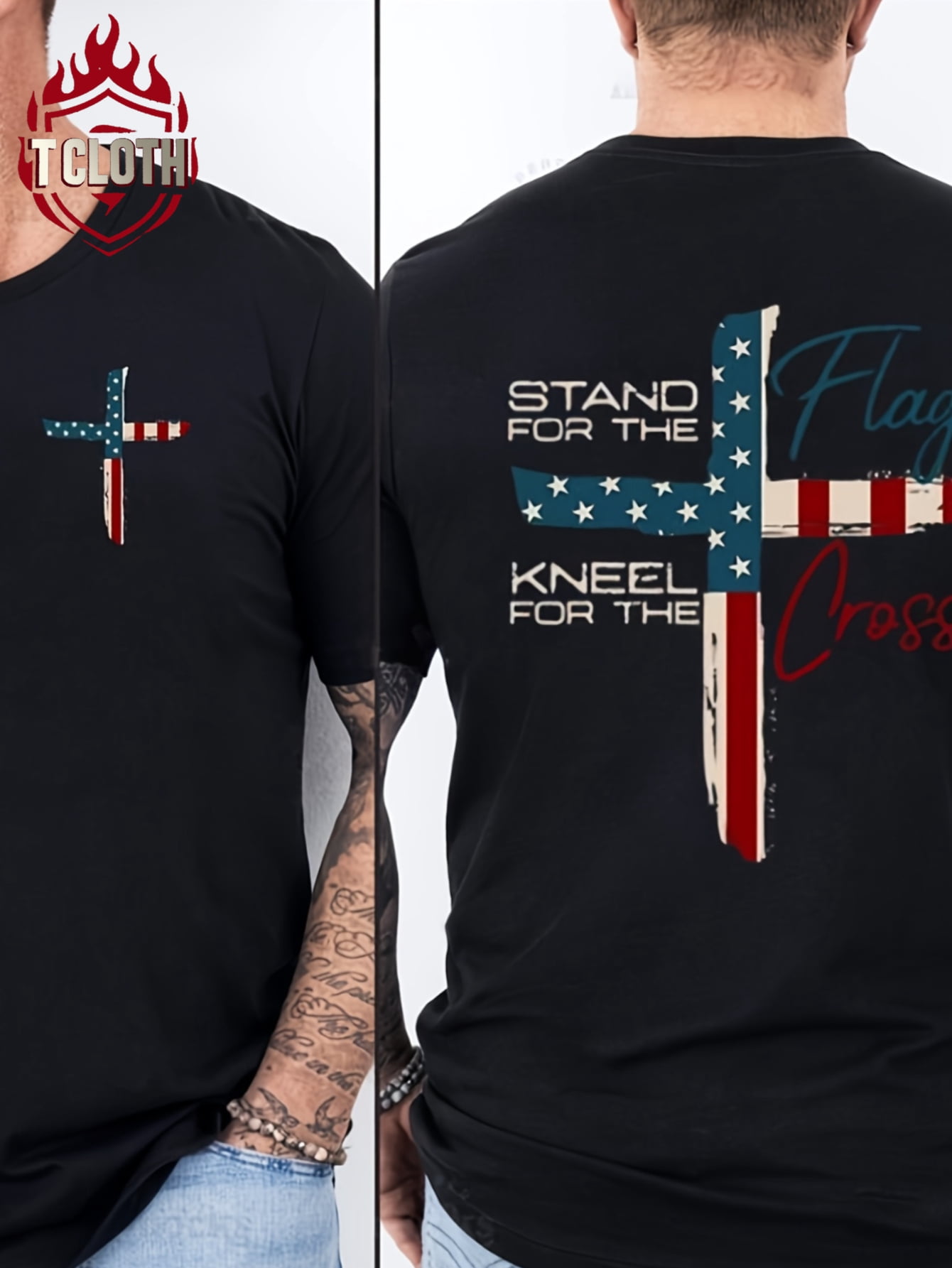 Men's Patriotic American Flag Cross T-Shirt Stand For The Flag Kneel ...