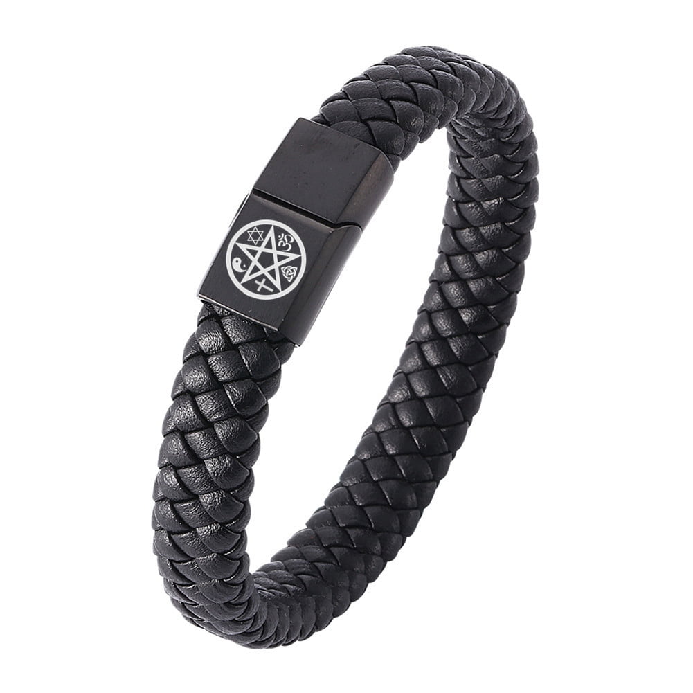 Men's Pentacle Leather Bracelet Cross OM Yin Yang Star of David ...