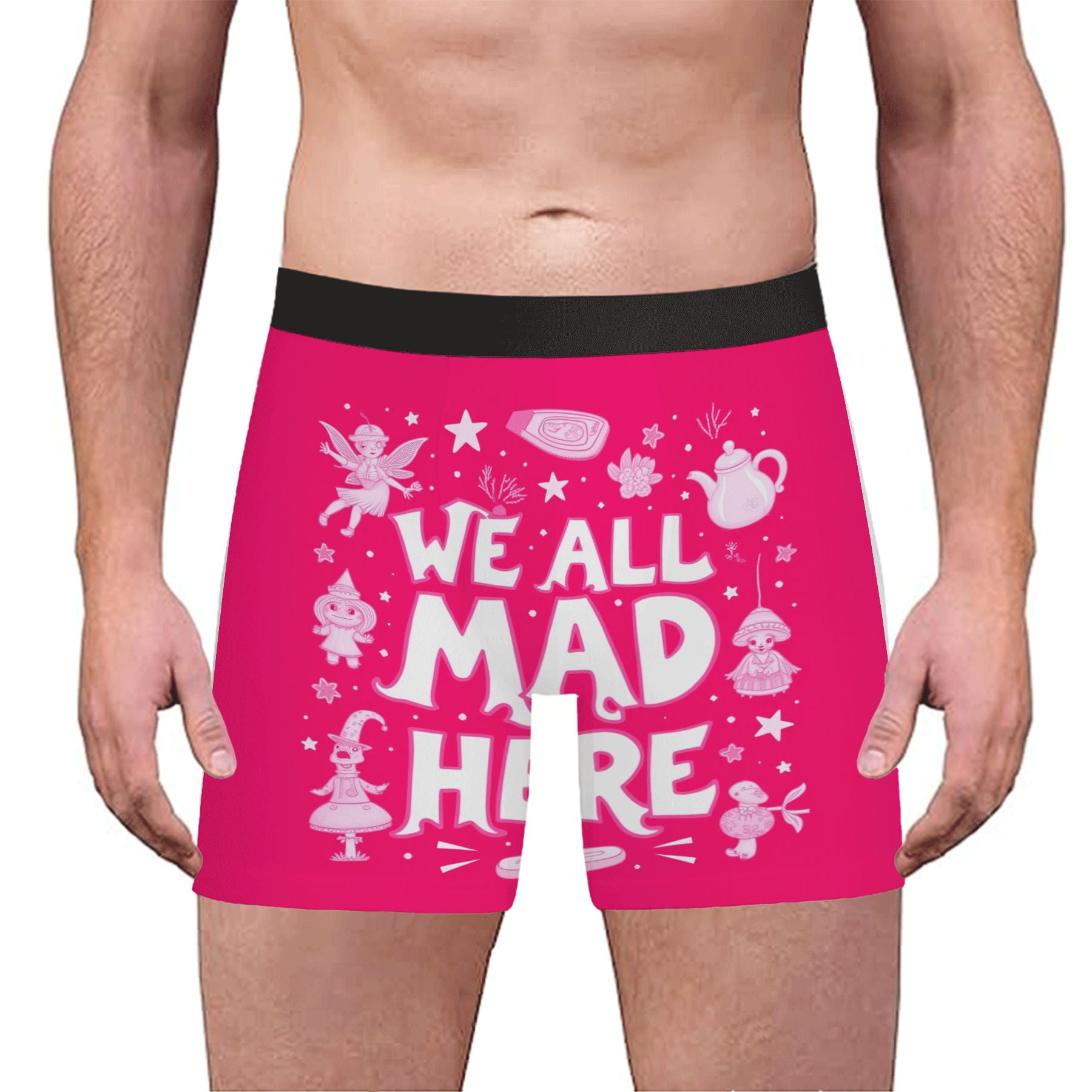Men's Pink Boxer Briefs with Whimsical Stars & Teapot Design - ' WE ALL ...