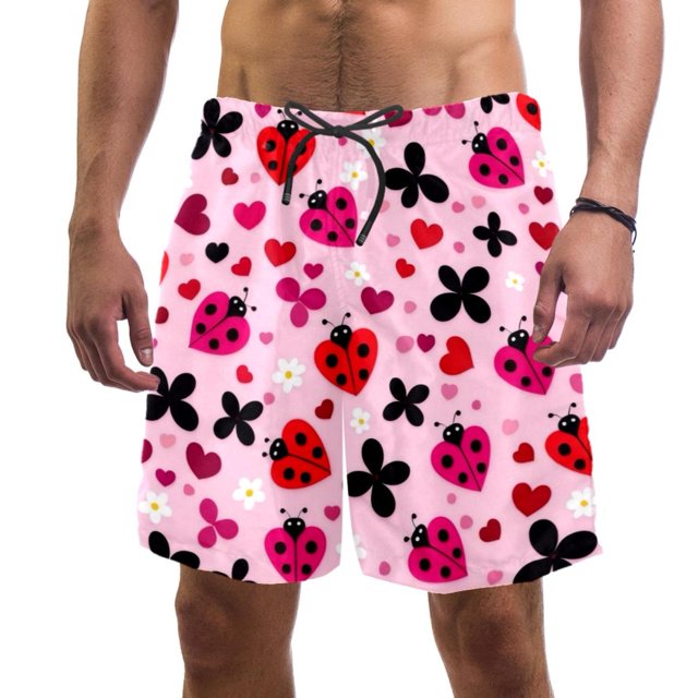Mens Pink Ladybugs Florals Swim Trunks Quick Dry Board Shorts Bathing