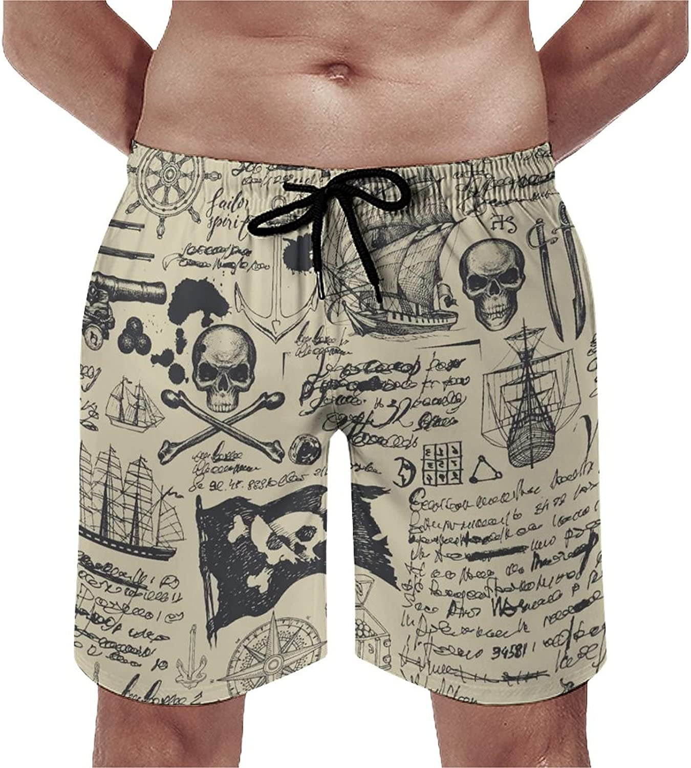 Men's Pirate Ship Skull Treasure Map Swim Trunks Quick Dry Swim Shorts ...