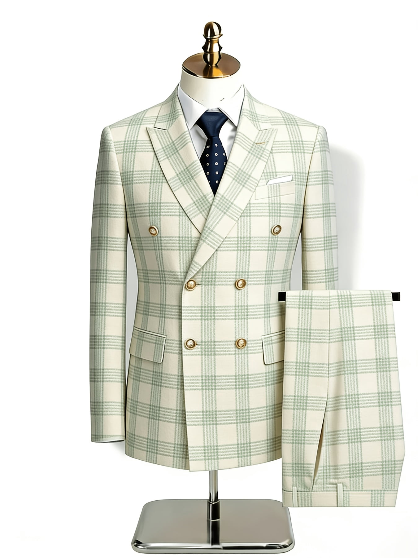 Men's Plaid Double Breasted Two Piece Business Wedding Suit Gold Button ...
