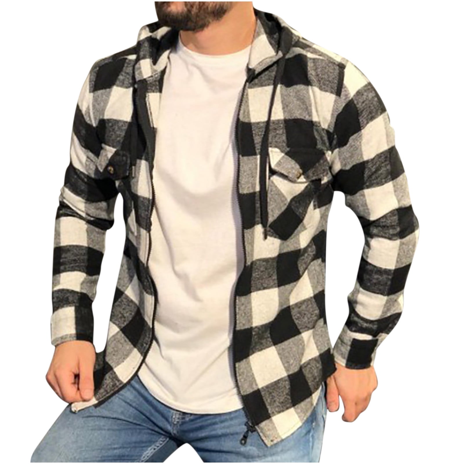 Men's Plaid Flannel Hoodie Jacket Spring Fall Casual Long Sleeve Zipper ...