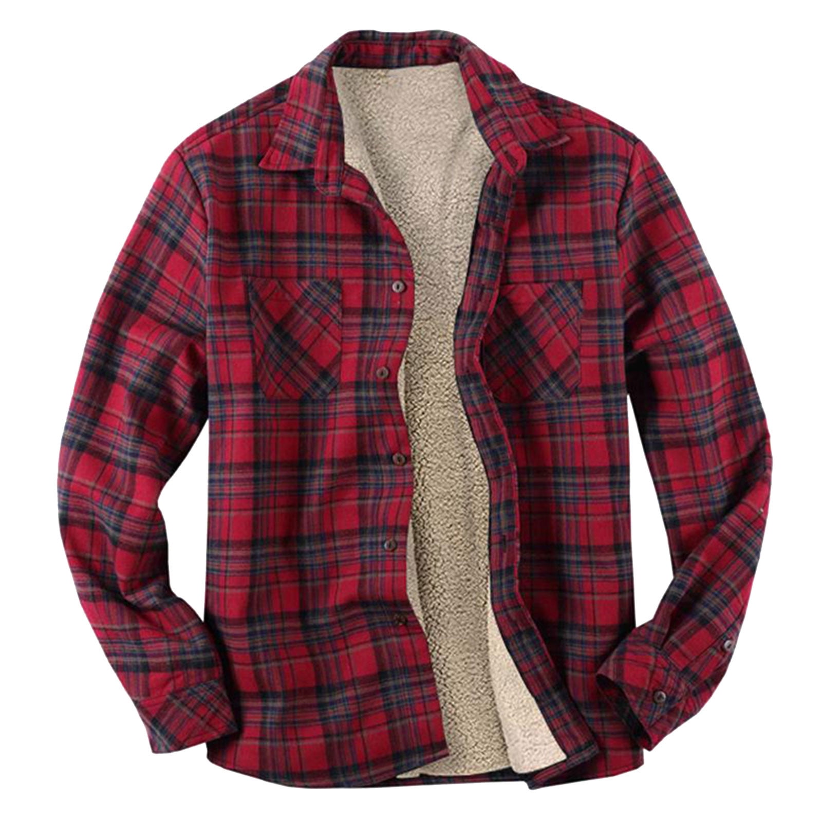 Men's Plaid Fleece Thick Jacket Lapel Button Bilateral Pockets Long ...