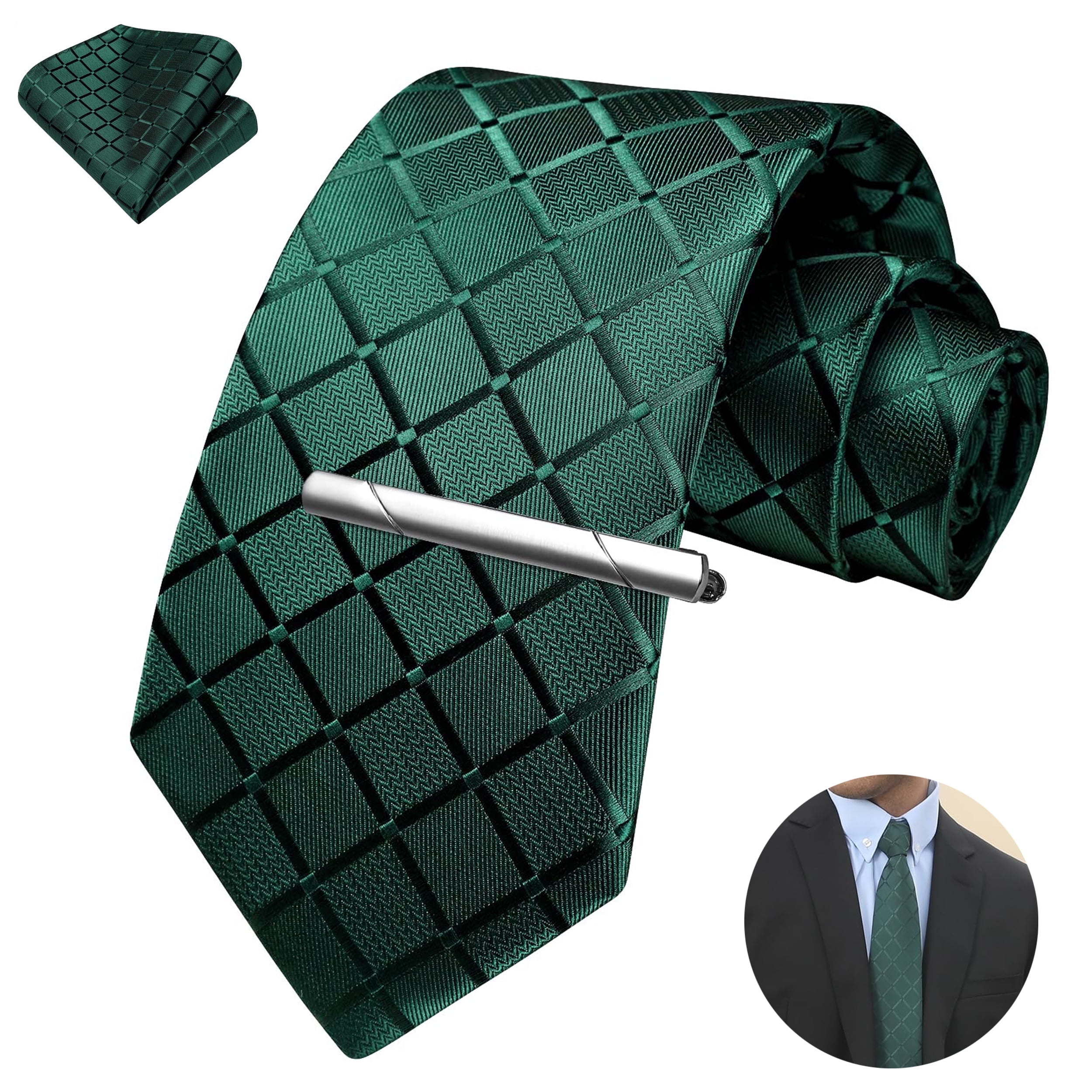 Men's Plaid Necktie, Tie for Men Pocket Square Clip Set Business Formal ...