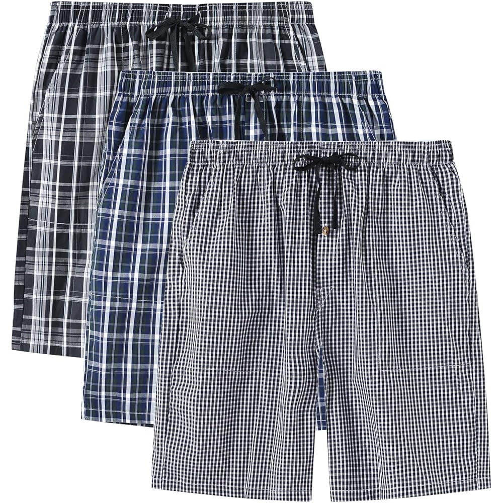 MoFiz Men's 3-Pack Woven Pajama Shorts 100% Cotton Plaid Sleep Lounge ...