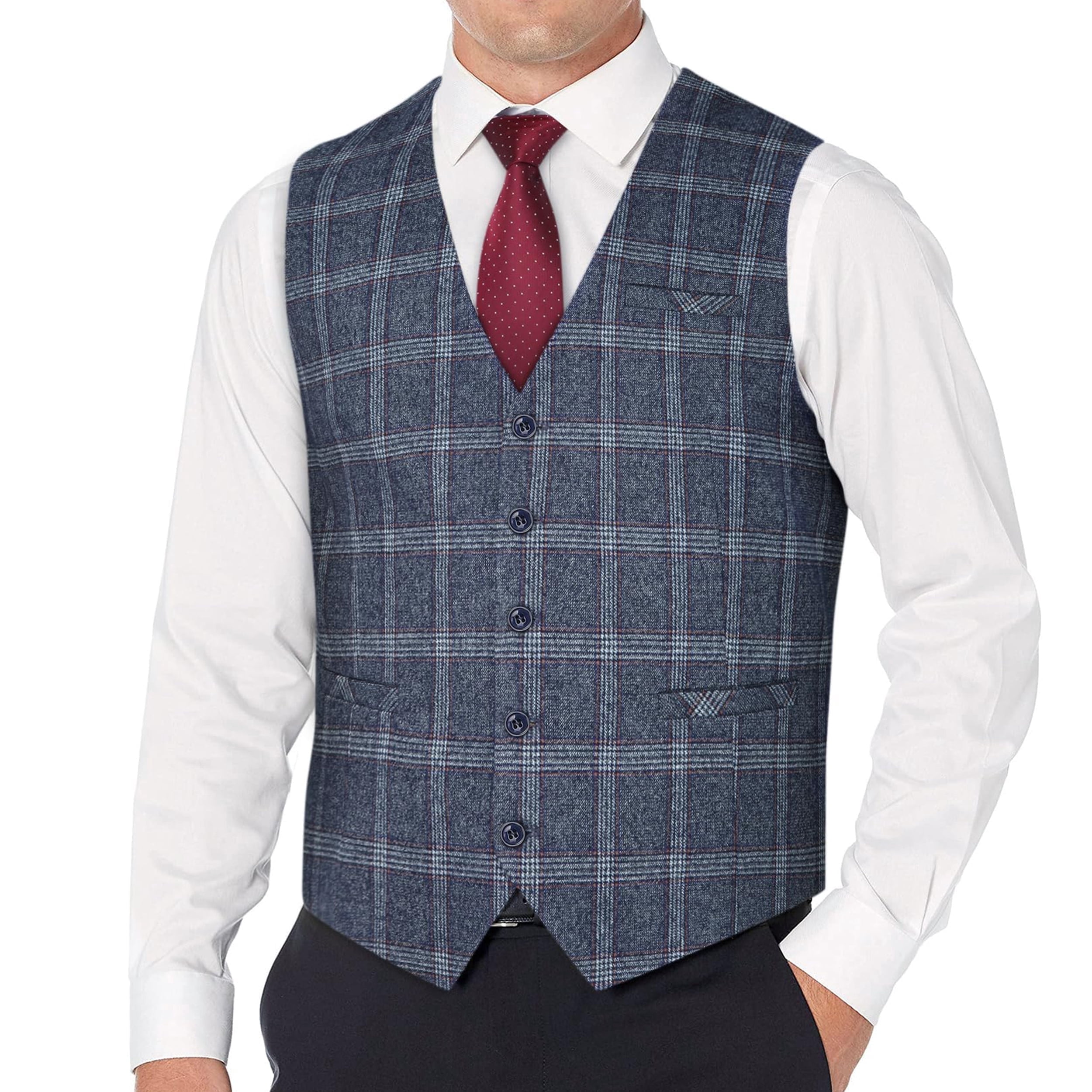 Plaid Vest for Men Business Dress Suit Vests V-neck 3 Pockets Wedding ...