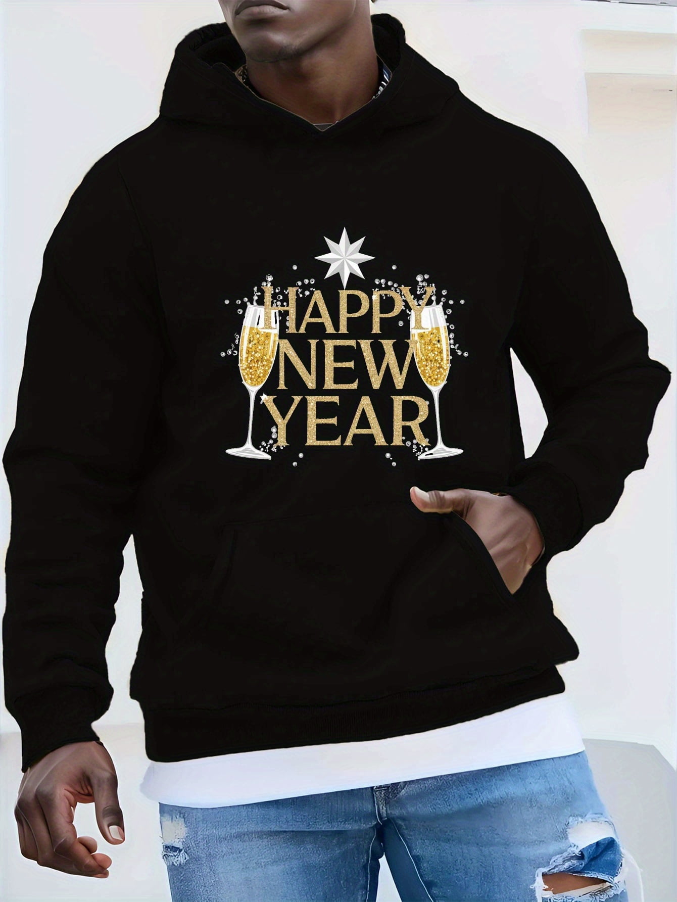 Men's Plus Size Hoodie - Festive Green with "Happy New Year" Golden ...