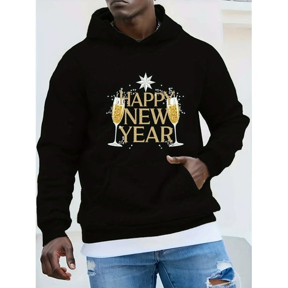 Men's Plus Size Hoodie - Festive Green with "Happy New Year" Golden ...