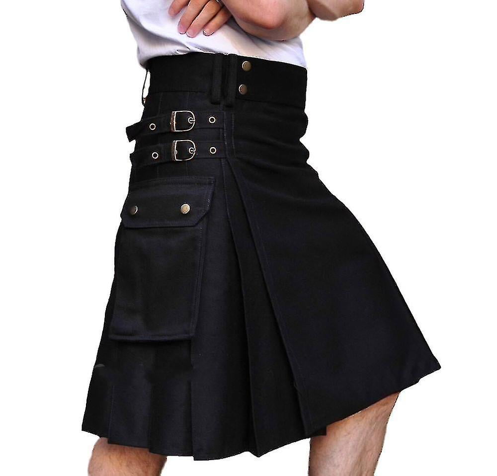 Men's Plus Size Scottish Hybrid Black Cotton Tartan Utility Kilts with Leather Straps Kilts for ...