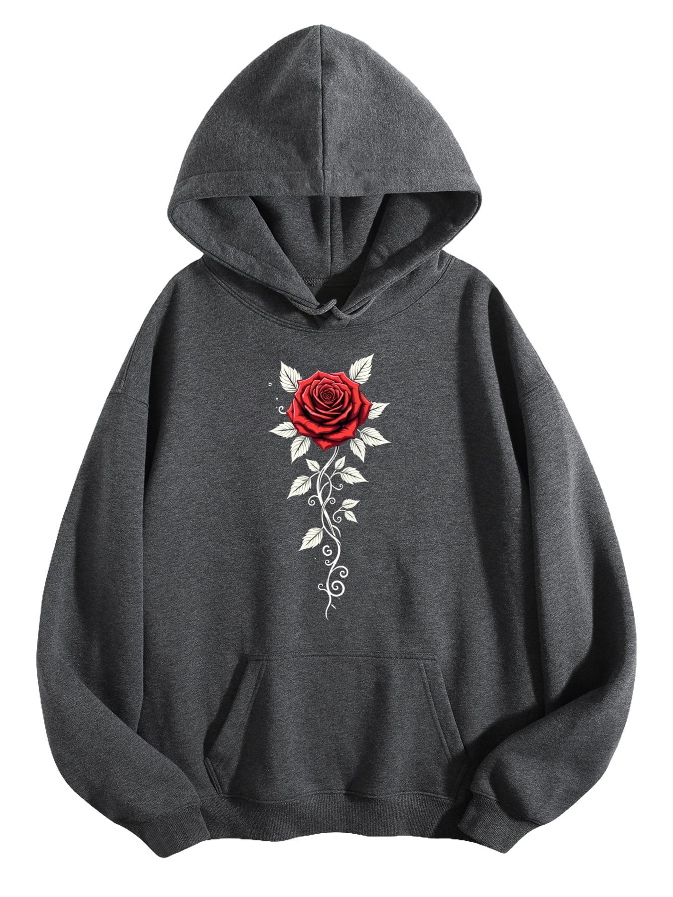 Men's Pocket Graphic Hooded Pullover, A Red Rose with White Leaves And ...