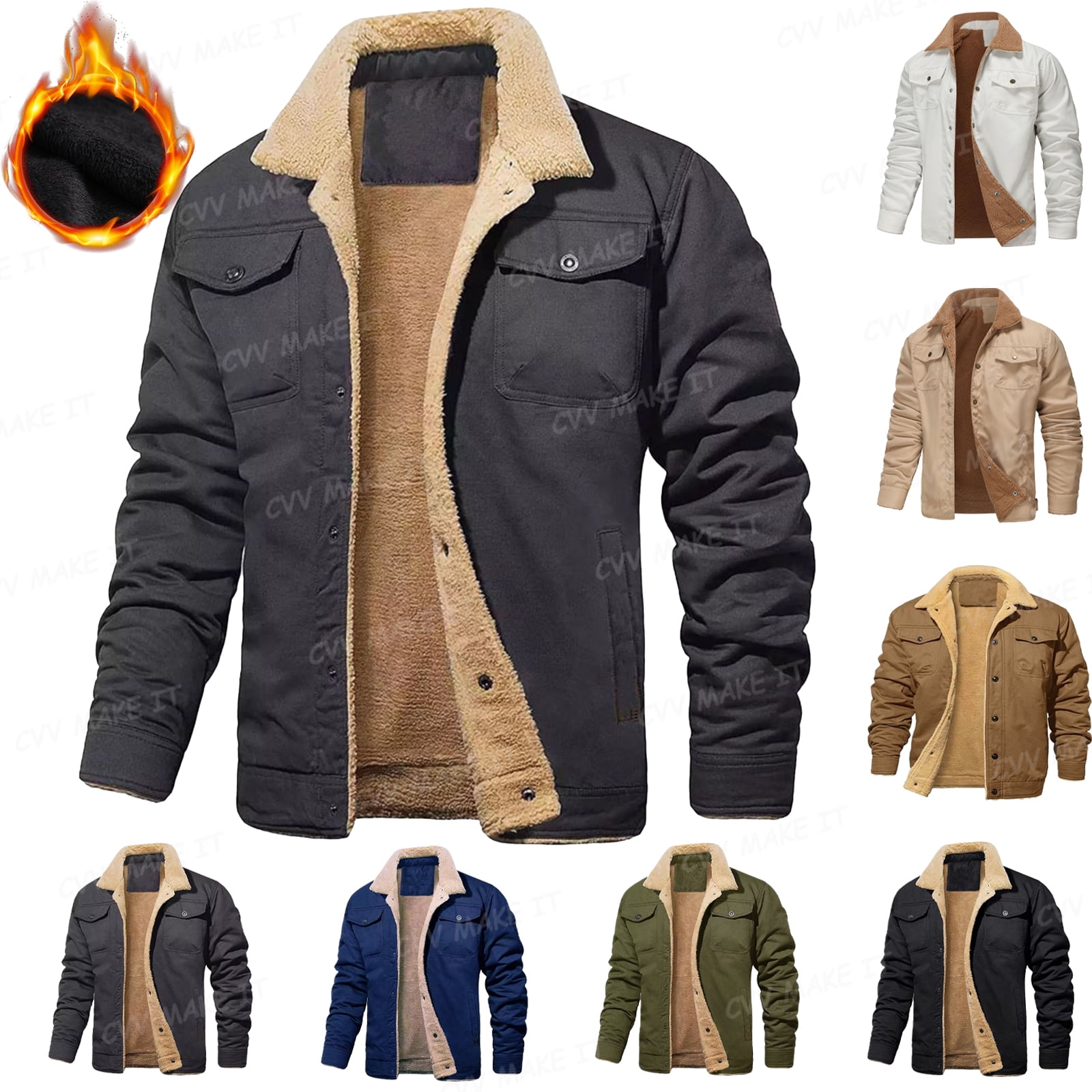 Men's Polar Fleece Sherpa Lined Shirt Jacket Button Down Fleece Lining ...