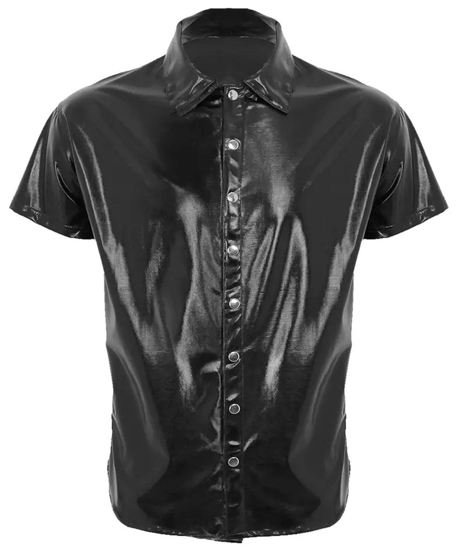 Men's Polo Shirt Tee PU Leather Wetlook Collar Uniform Top T-Shirt ...