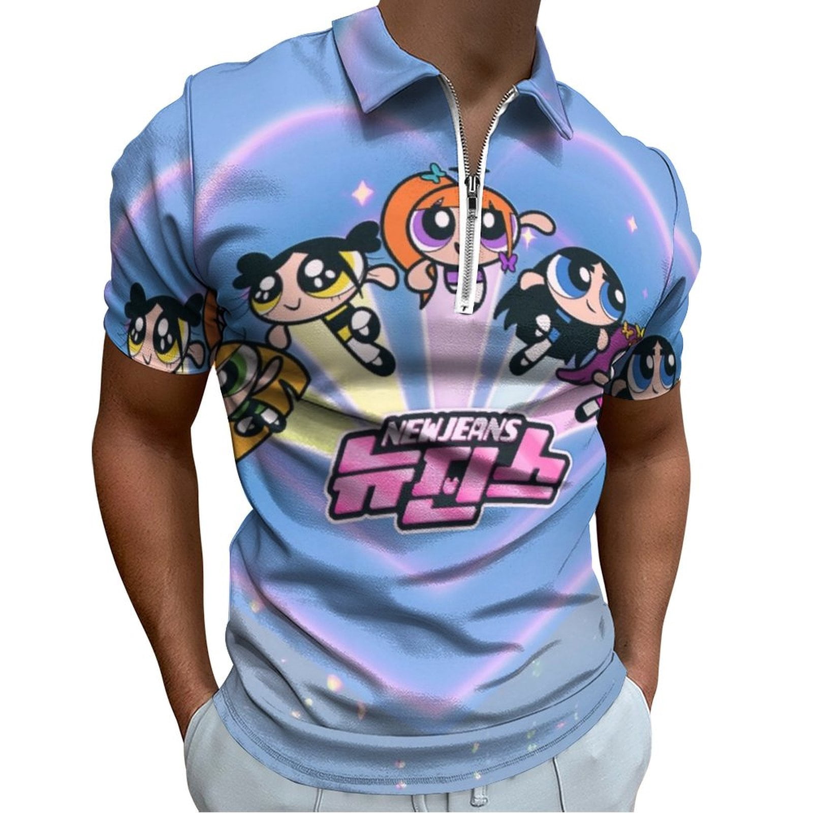 Men's Powerpuff Girls Zipper Short Sleeve Printed Golf Polo Shirt Tops ...