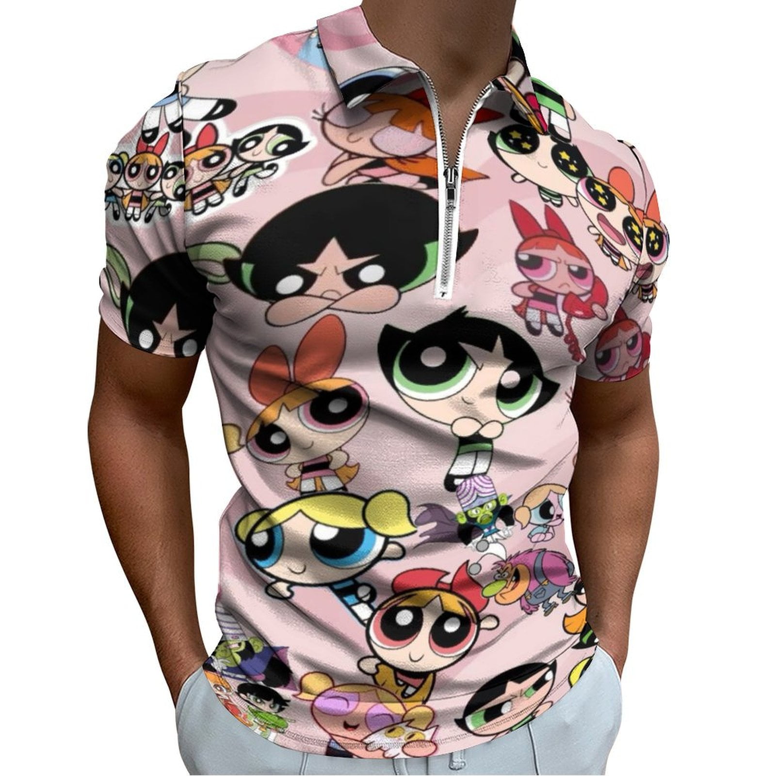 Men's Powerpuff Girls Zipper Short Sleeve Printed Golf Polo Shirt Tops ...