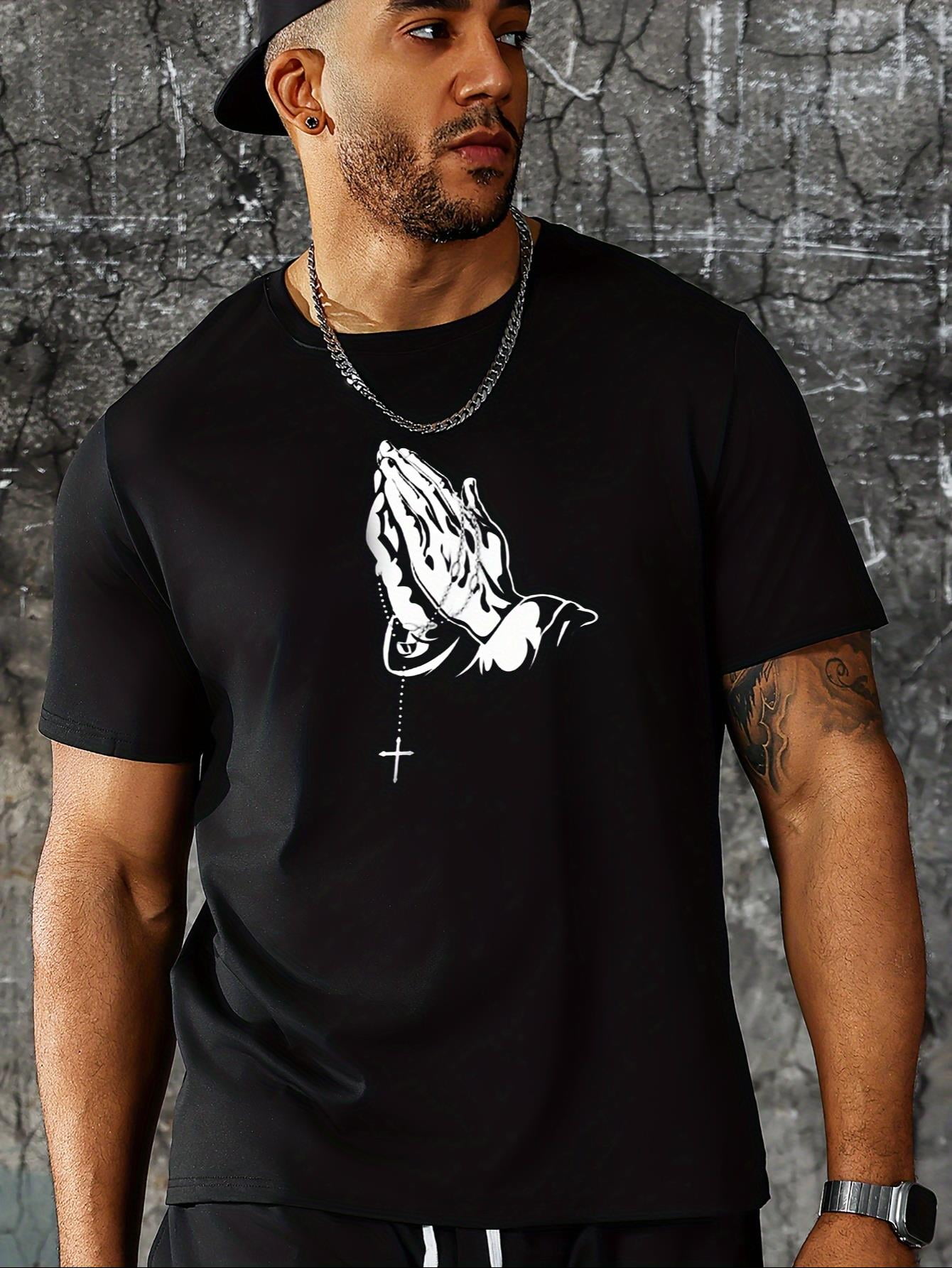 Men's Praying Hands Pattern Crew Neck T-shirt, Casual Comfy s Tshirts ...