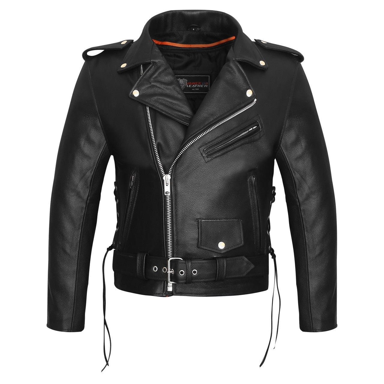 Vance Leather Men's Premium Classic Black Motorcycle Jacket with Side ...
