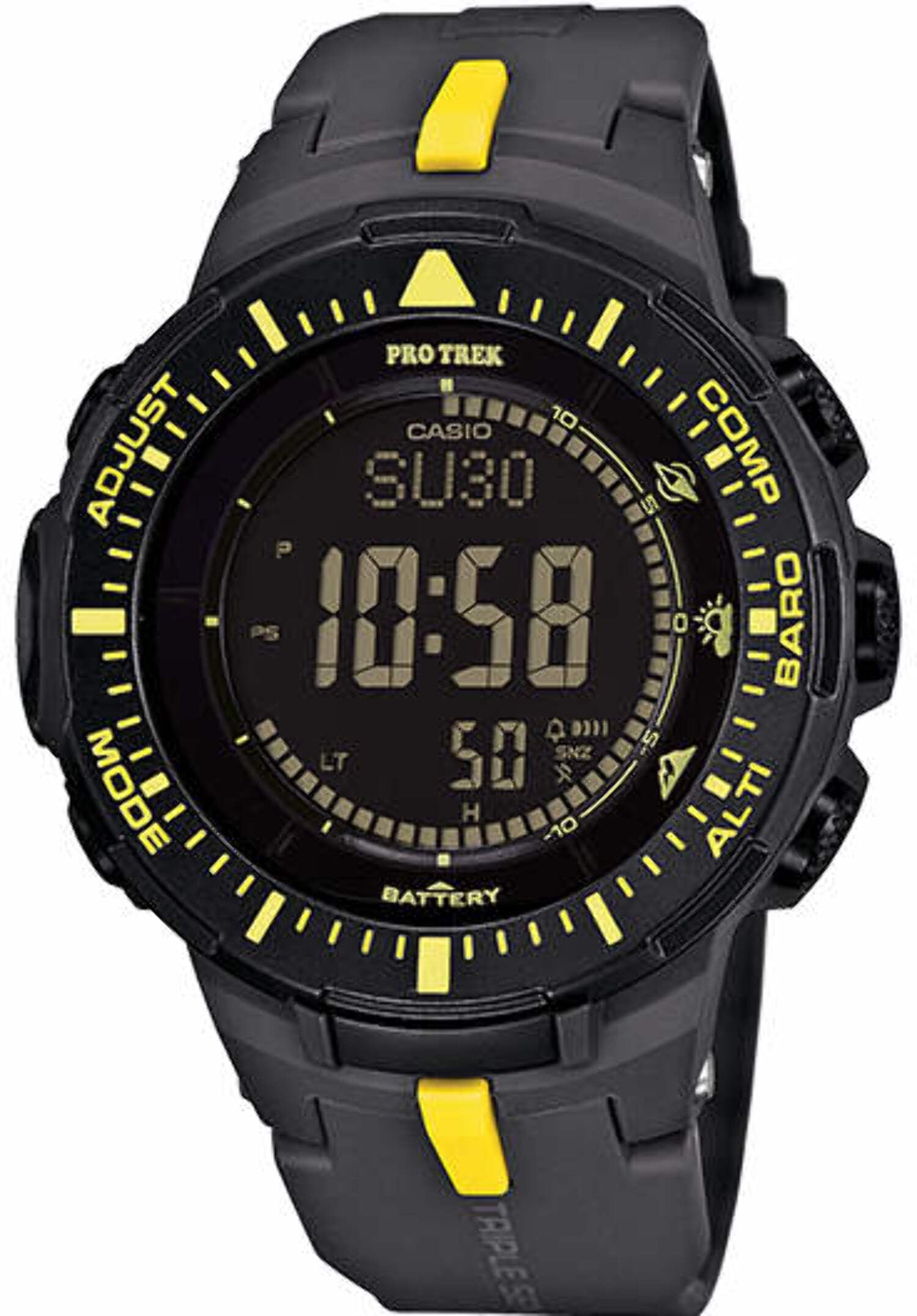 Men's Pro Trek Solar Powered Triple-Sensor Watch with Black/Yellow ...
