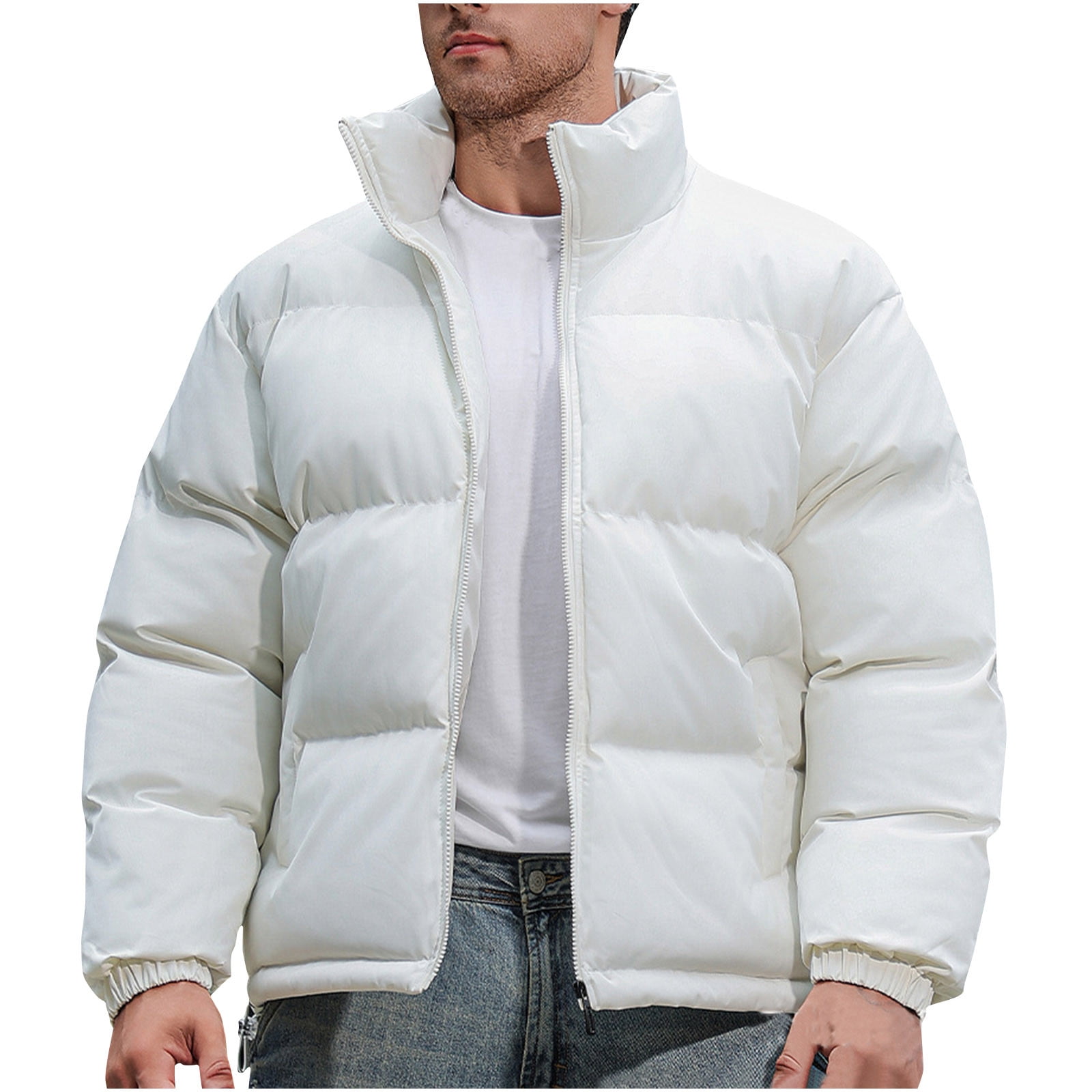 Men's Puffer Jacket Thicken Warm Long Sleeve Zip Up Puffy Quilted ...