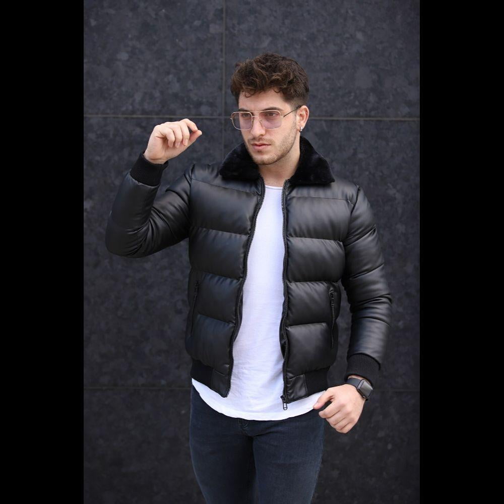 Men's Puffer Shiny Leather Jacket - Walmart.com