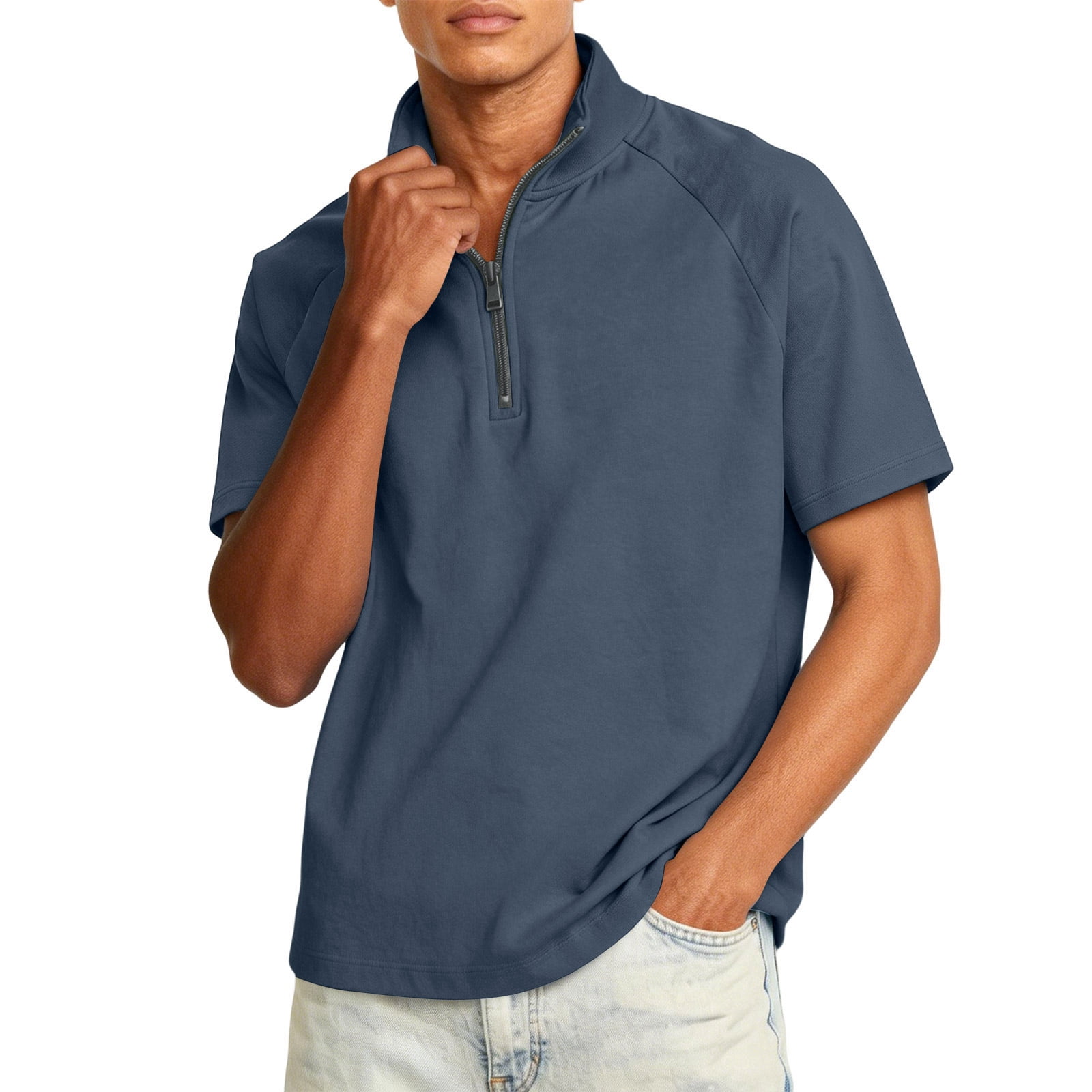 Men's Quarter Zip Short Sleeve Polo Shirts Casual Stand Collar Loose ...