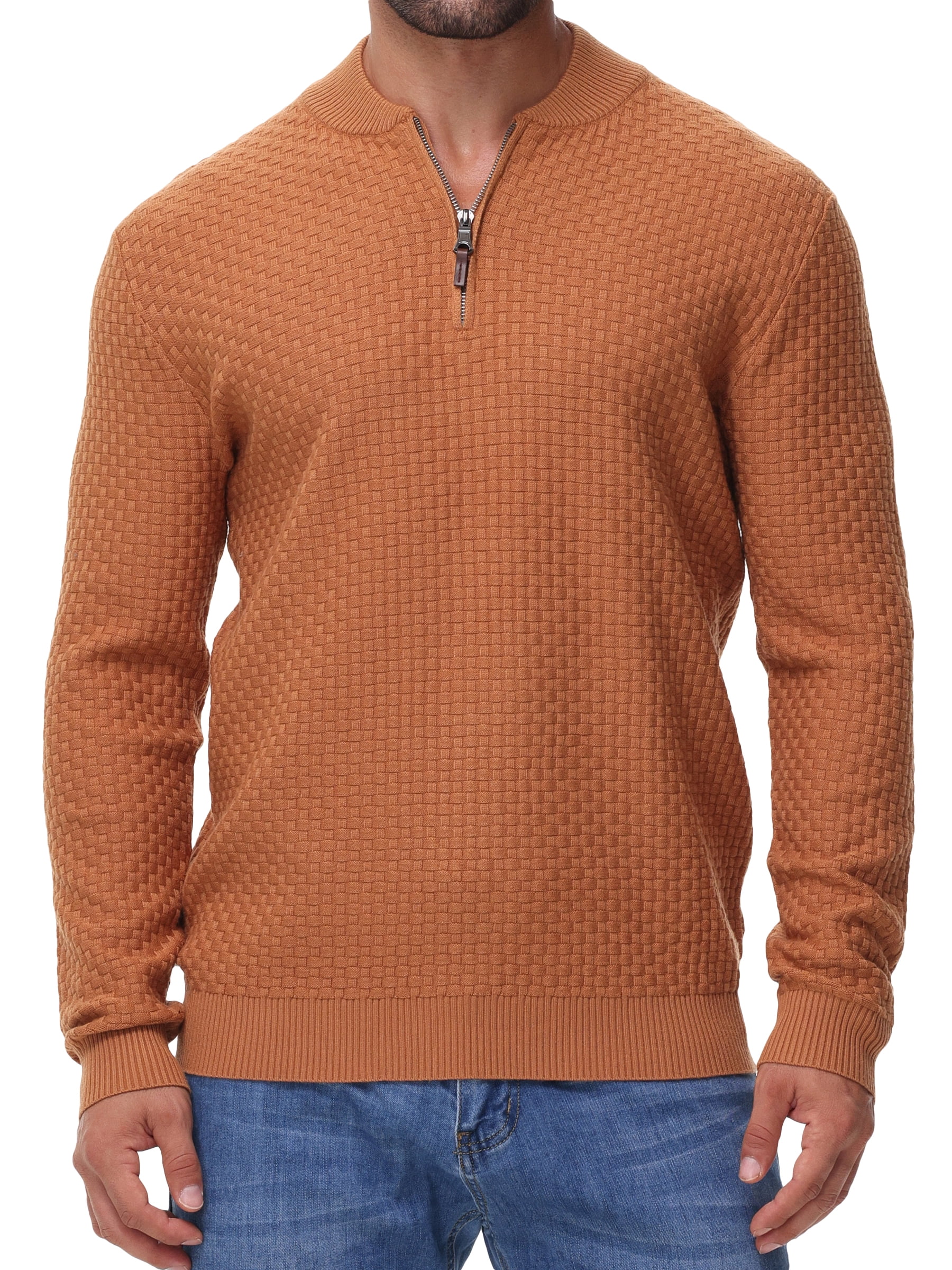 Men's Quarter Zip Sweater Knitted Crew Neck Waffle Textured Casual ...