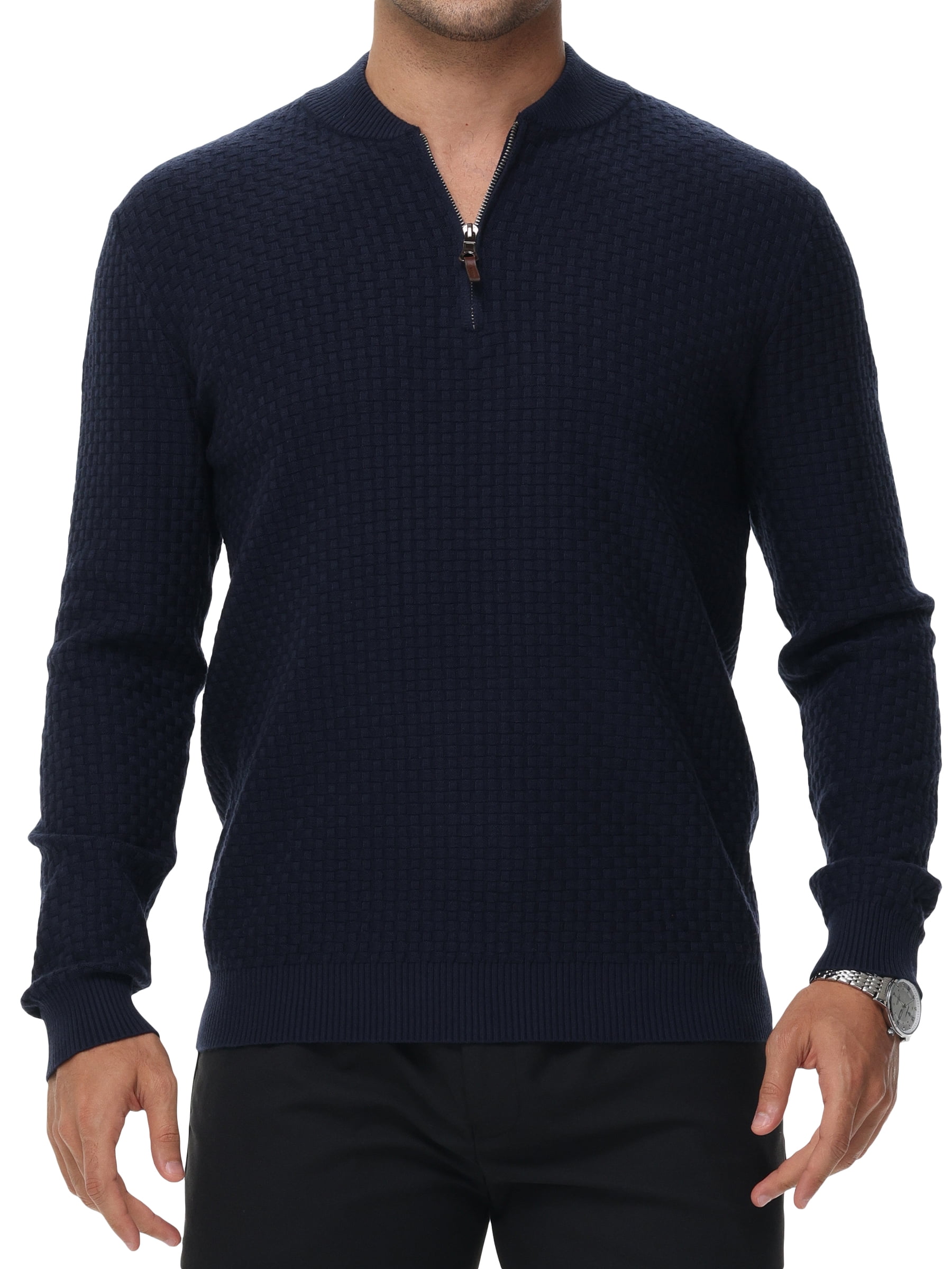 Men's Quarter Zip Sweater Knitted Crew Neck Waffle Textured Casual ...