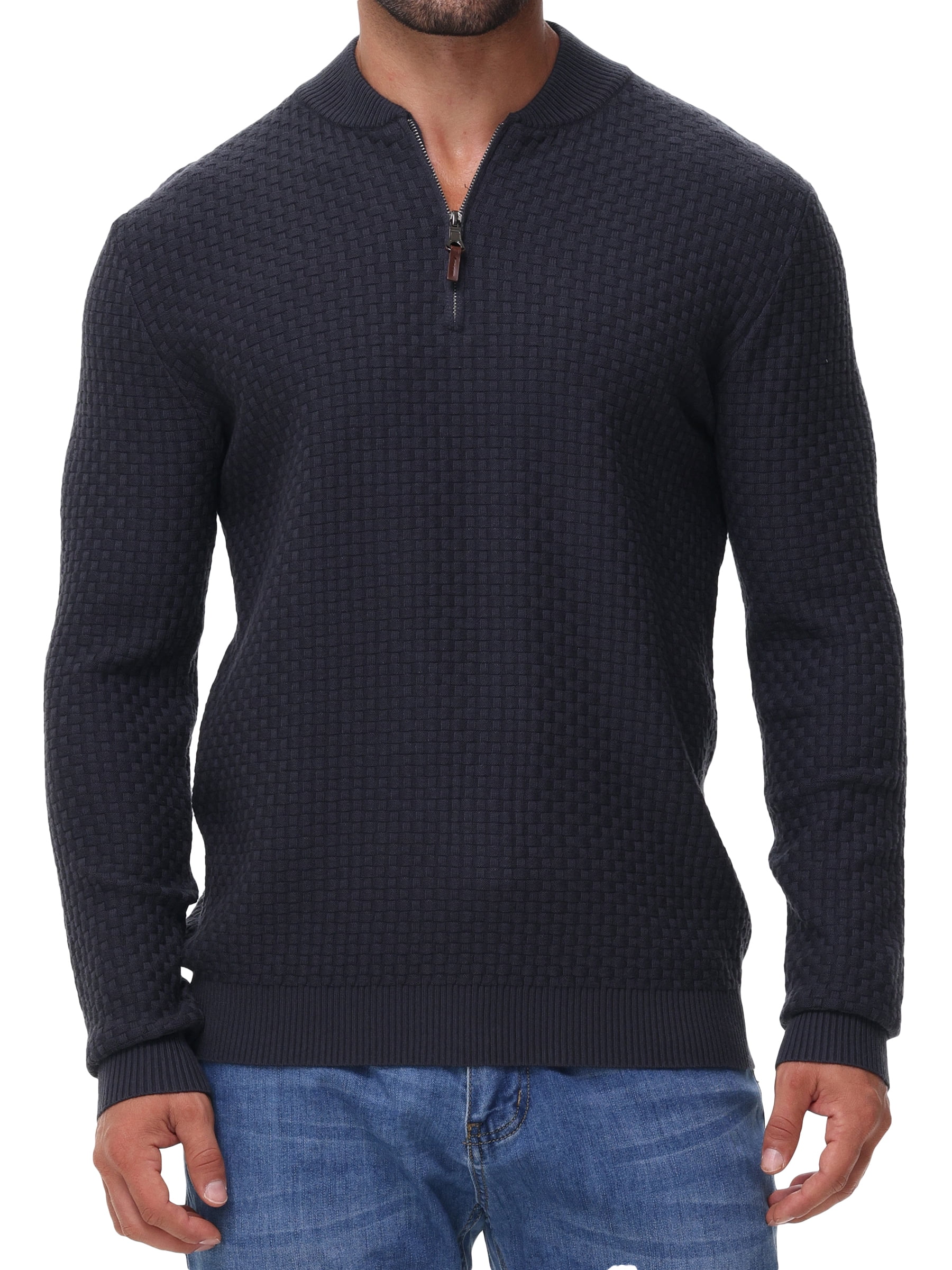 Men's Quarter Zip Sweater Knitted Crew Neck Waffle Textured Casual ...