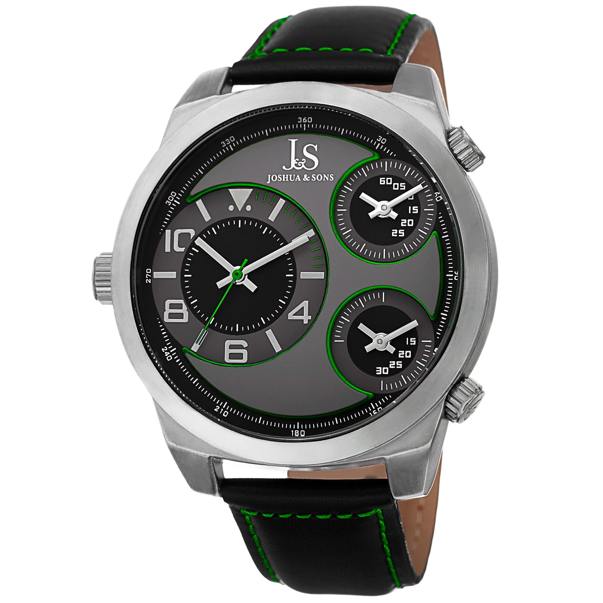 Men's Quartz Triple Time-Zone Leather Green Strap Watch - Walmart.com