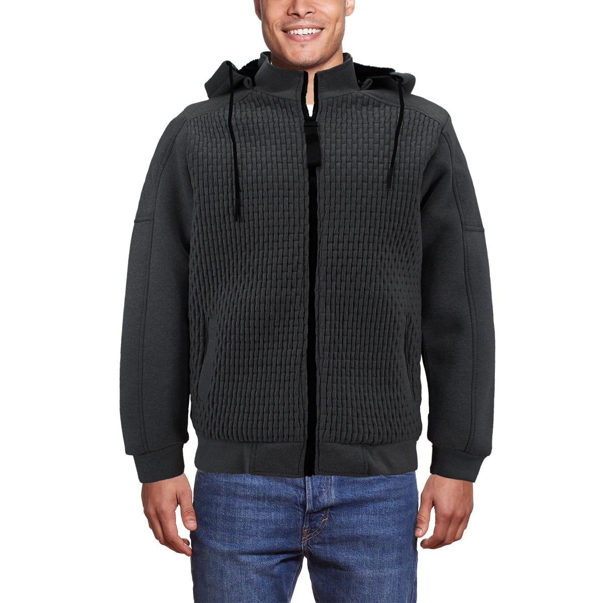 Men's Quilted Pattern Sherpa Lined Removable Hood Zip Up Sweater Jacket ...