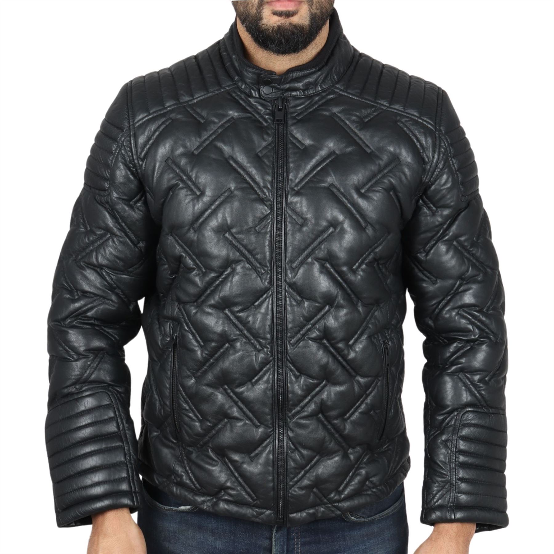 Men's Quilted Puffer Padded Biker Real Leather Jacket - Walmart.com