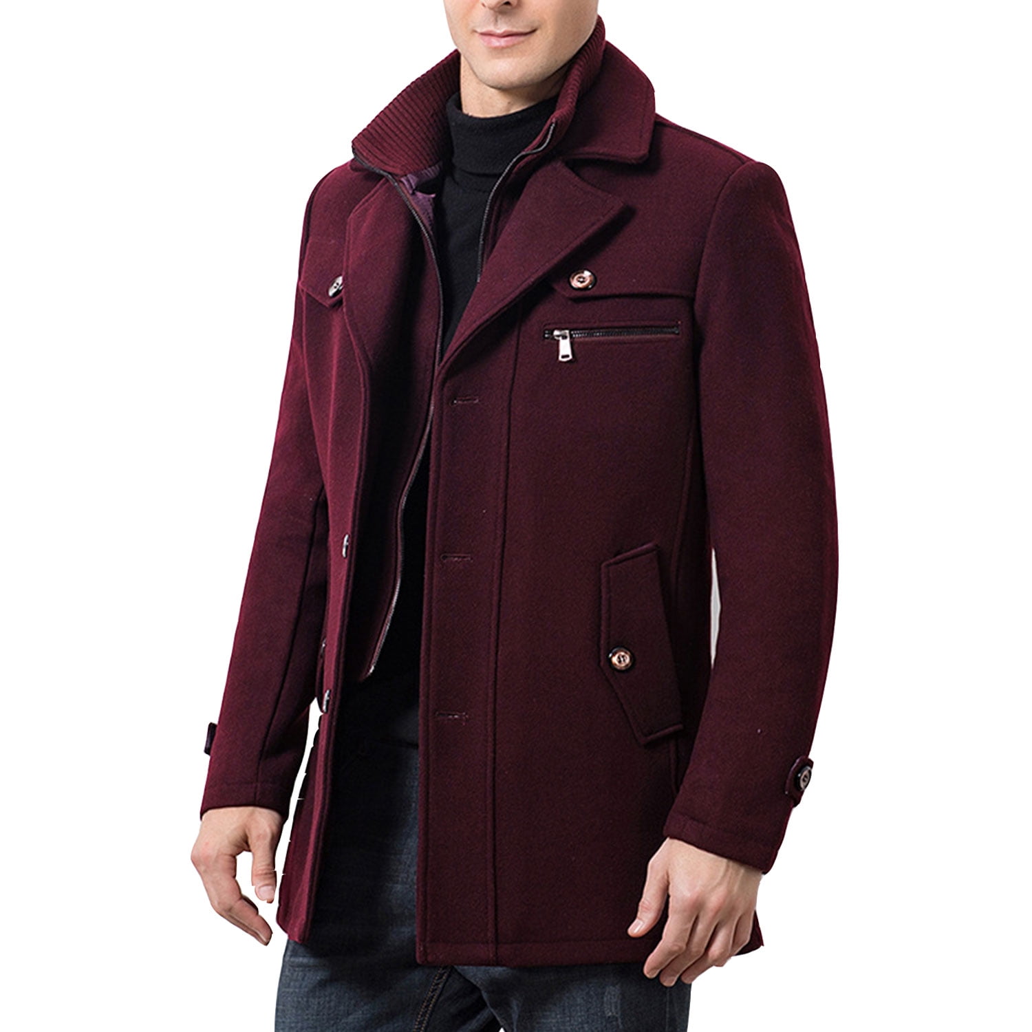 Men's Quilted Wool Coat Slim Fit Single Breasted Thick Walker Coat with ...