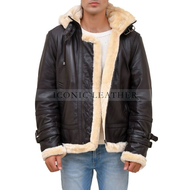 Men's RAF B3 Bomber Flight Aviator GENUINE Leather Jacket with hood ...